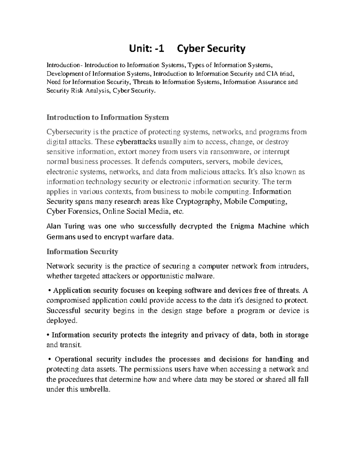 Cyber security unit1 - ROL86FYGJH - Unit: -1 Cyber Security Introduction- Introduction to - Studocu