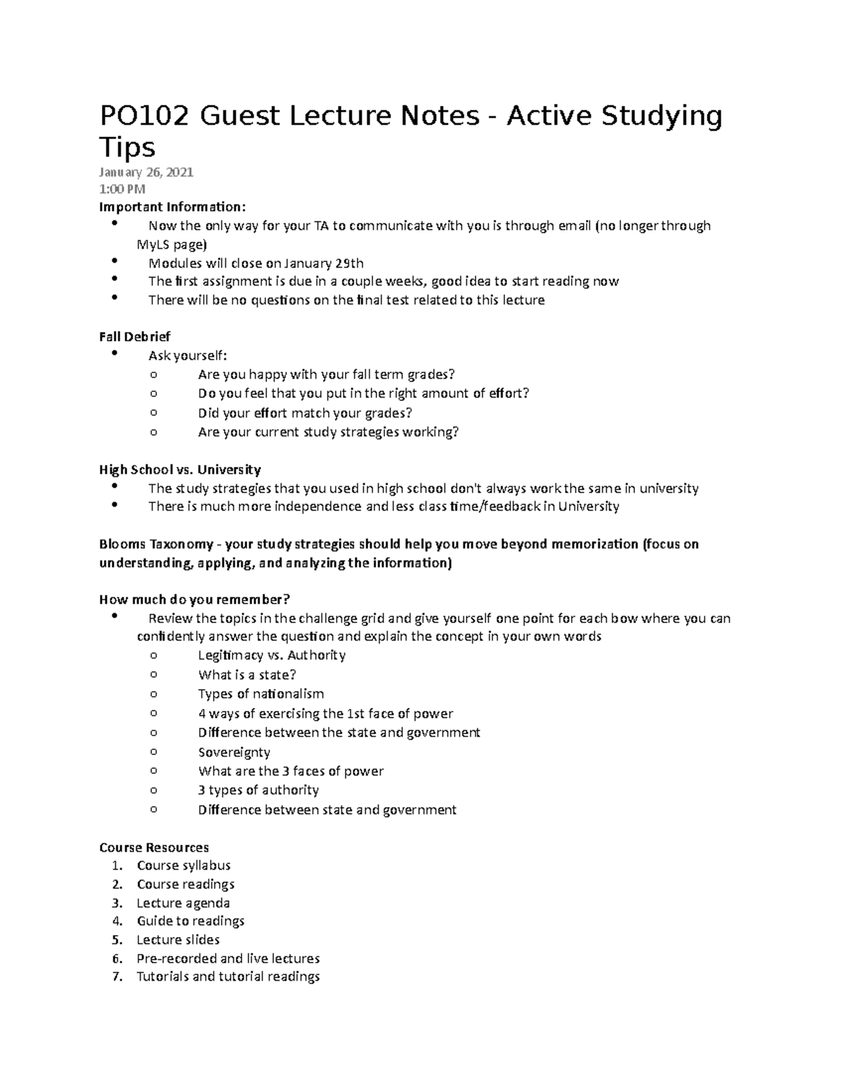 PO102 Guest Lecture Notes - Active Studying Tips - PO102 Guest Lecture ...