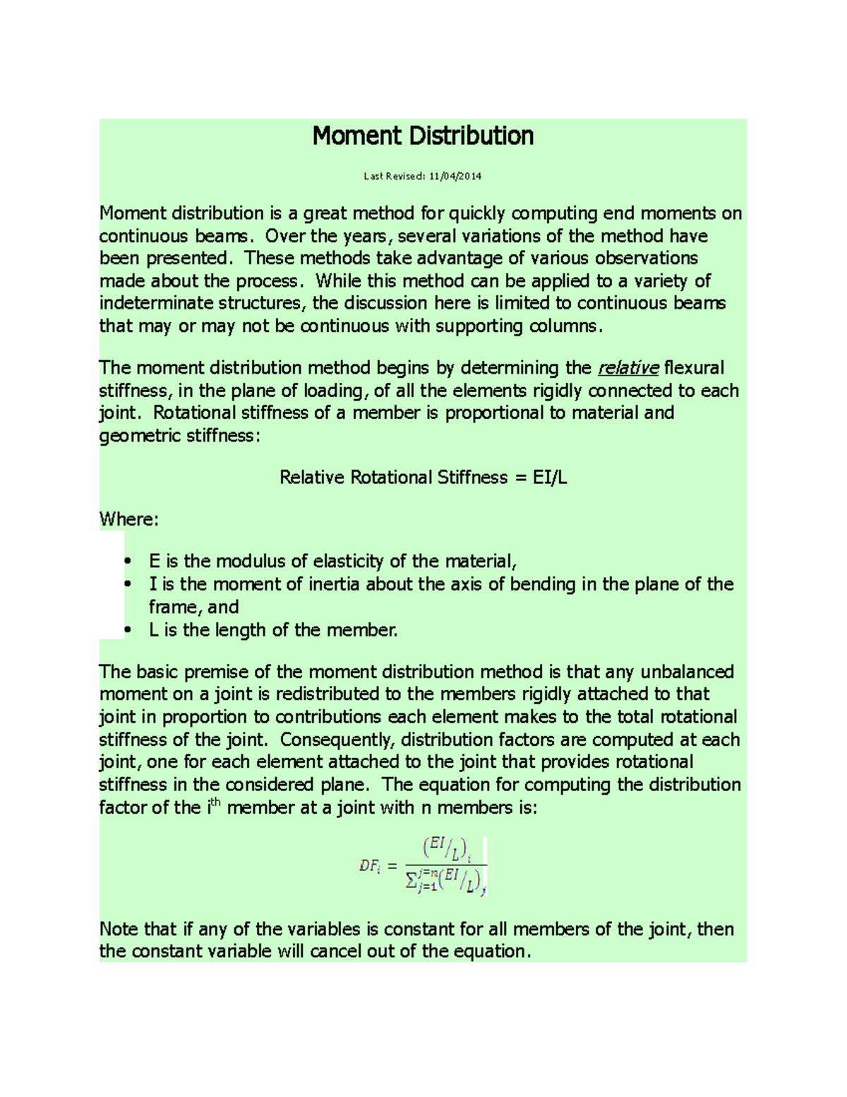 Moment Distribution - Mome nt Dis trib utio n Last Revised: 11/04 ...