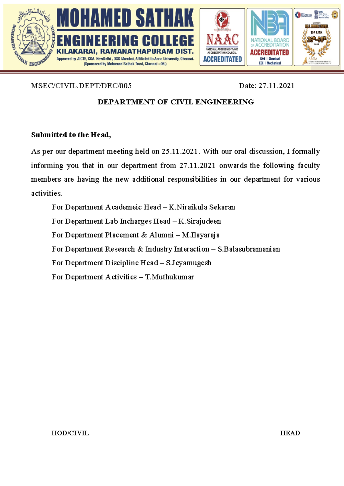Appointment of Head in Department letter - MSEC/CIVIL/DEC/005 Date: 27 ...