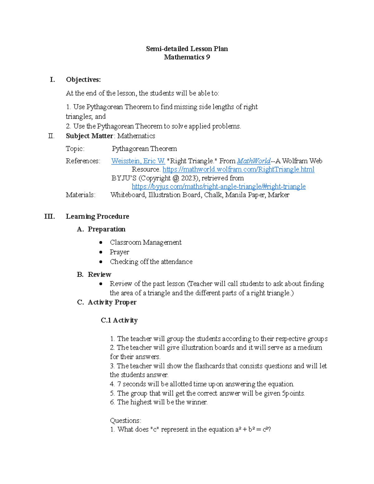 Lesson-Plan Pythagorean-Theorem-2 - Semi-detailed Lesson Plan ...