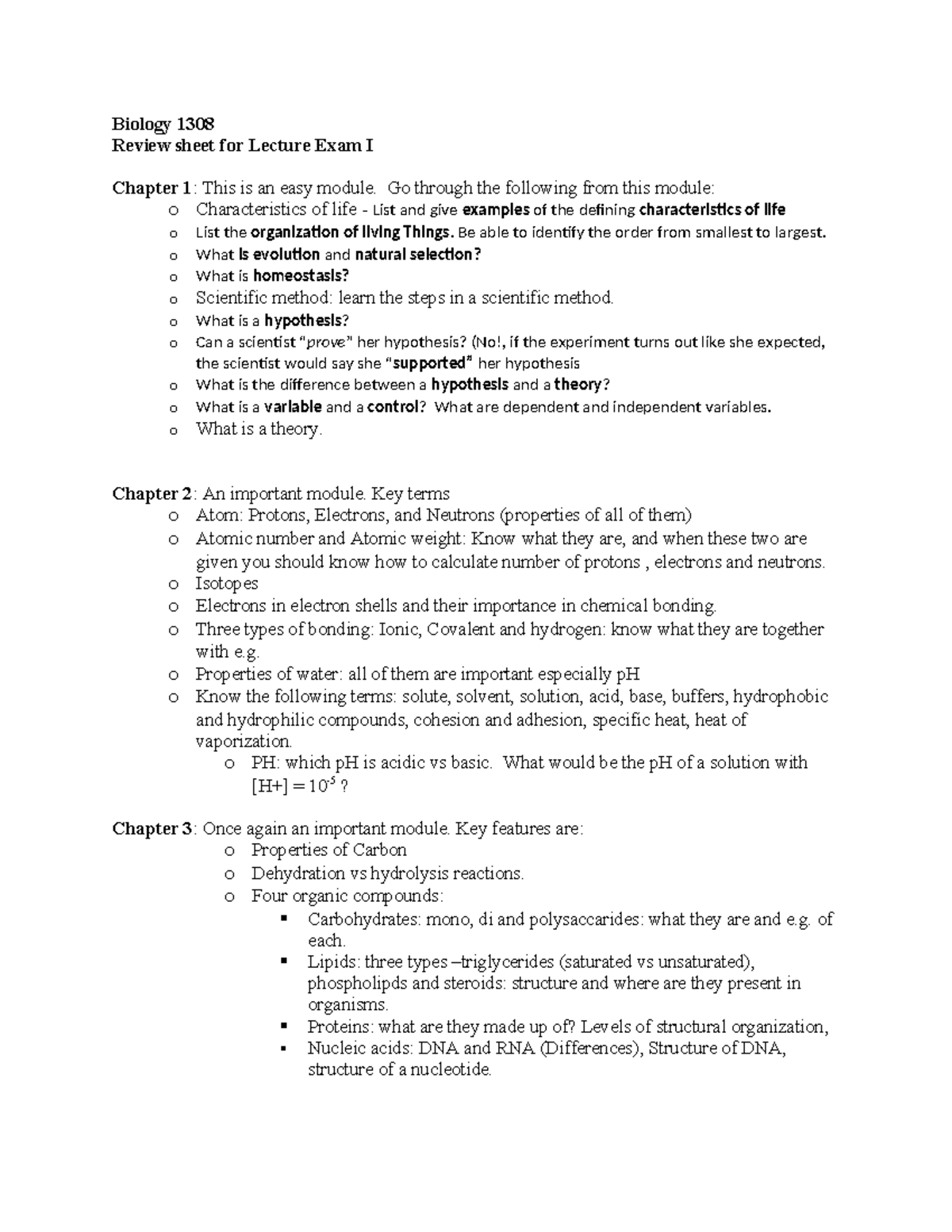 Exam 1 Review - Biology 1308 Review sheet for Lecture Exam I Chapter 1 ...