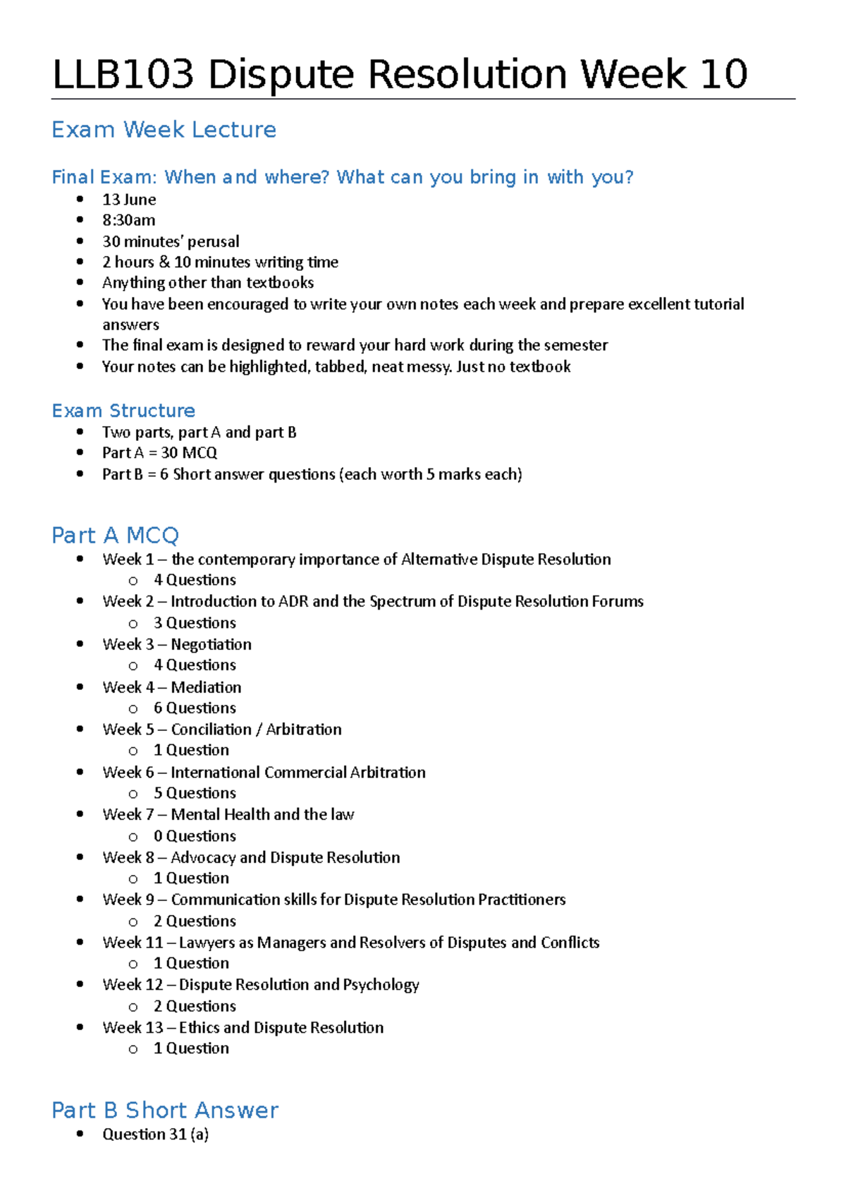 LLB103 Week 10 Exam Lecture - LLB103 Dispute Resolution Week 10 Exam ...
