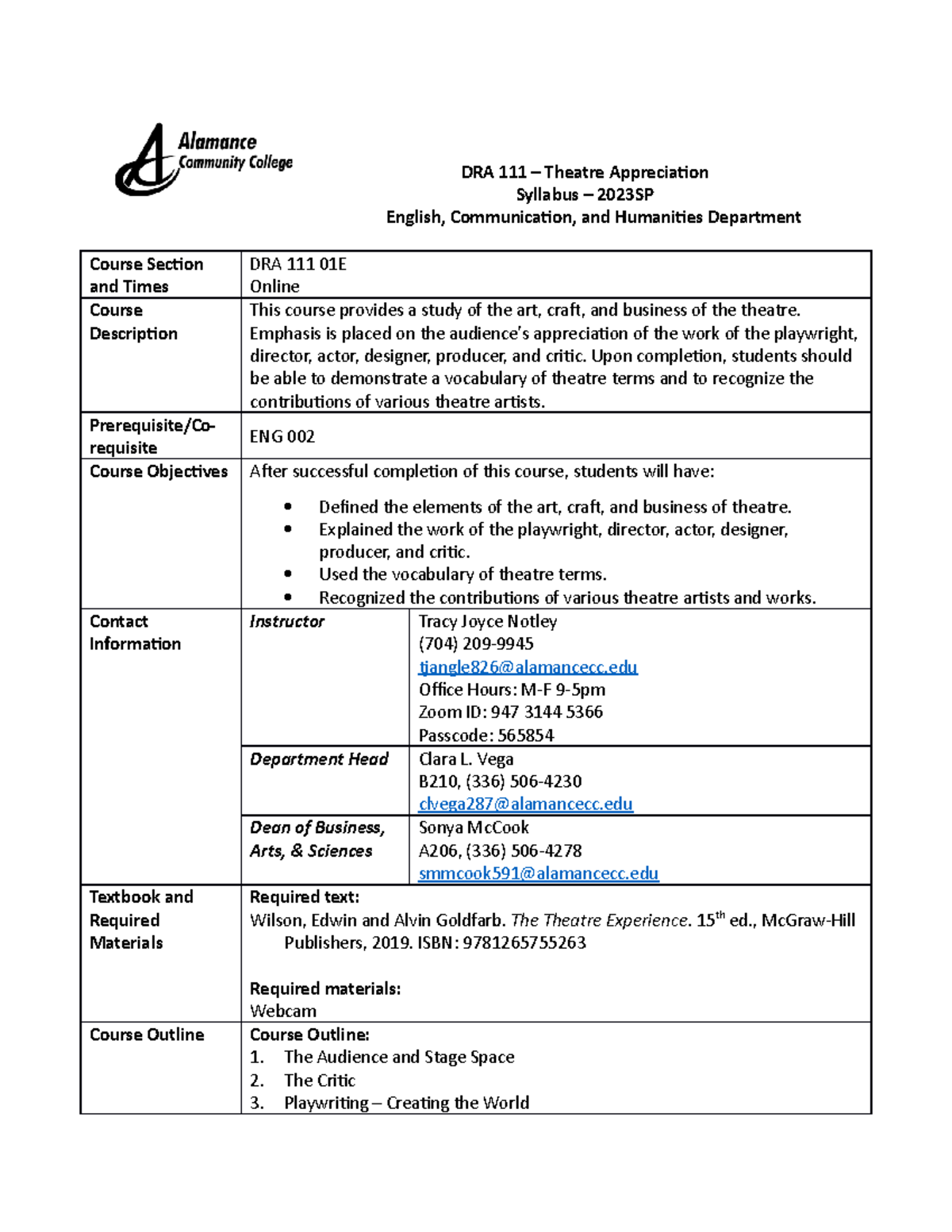 Theater Appreciation Syllabus - DRA 111 – Theatre Appreciation Syllabus ...