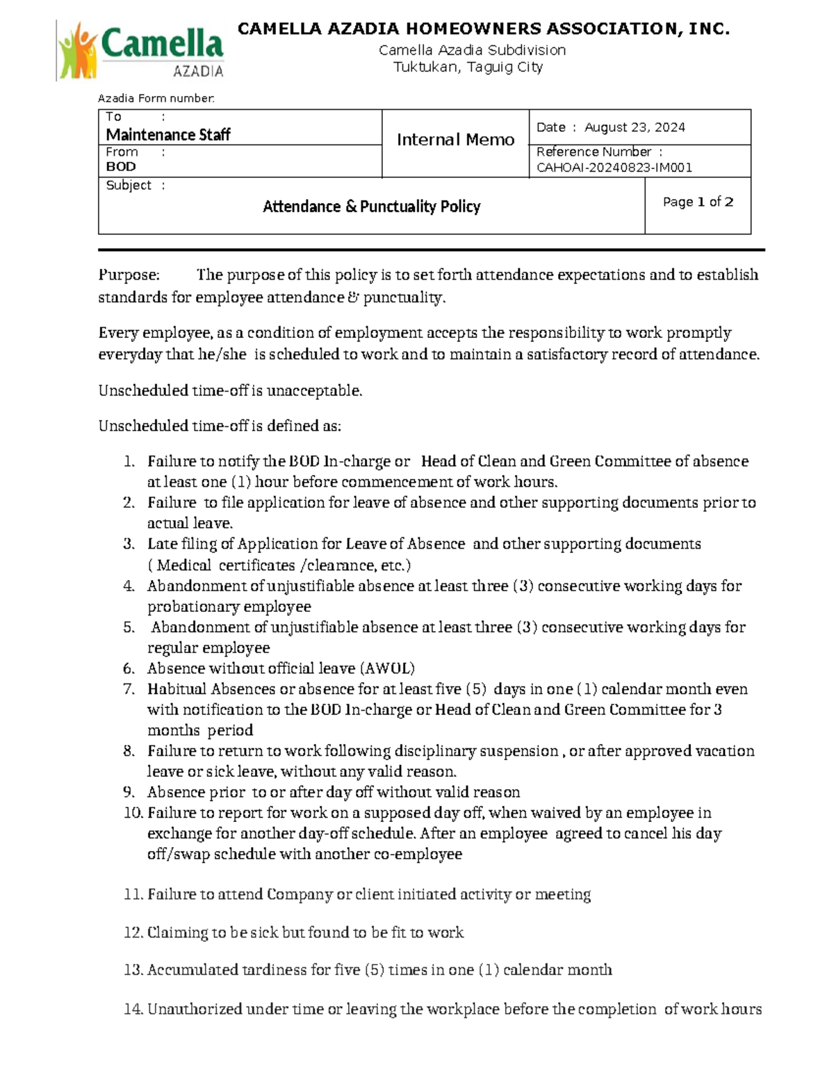 Azadia Attendance&Punctuality Policy 2024 - CAMELLA AZADIA HOMEOWNERS ...