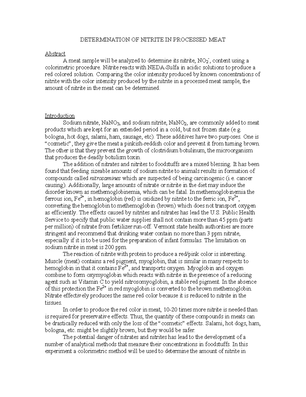 Nitrites - DETERMINATION OF NITRITE IN PROCESSED MEAT Abstract A meat ...