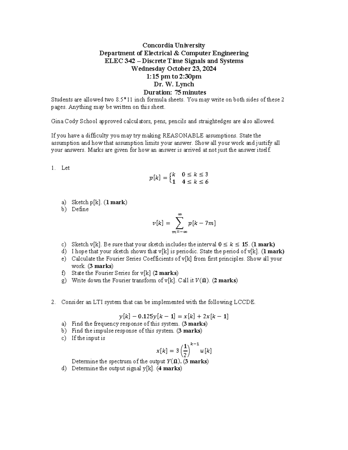 Midterm Fall 2024 - Concordia University Department of Electrical ...