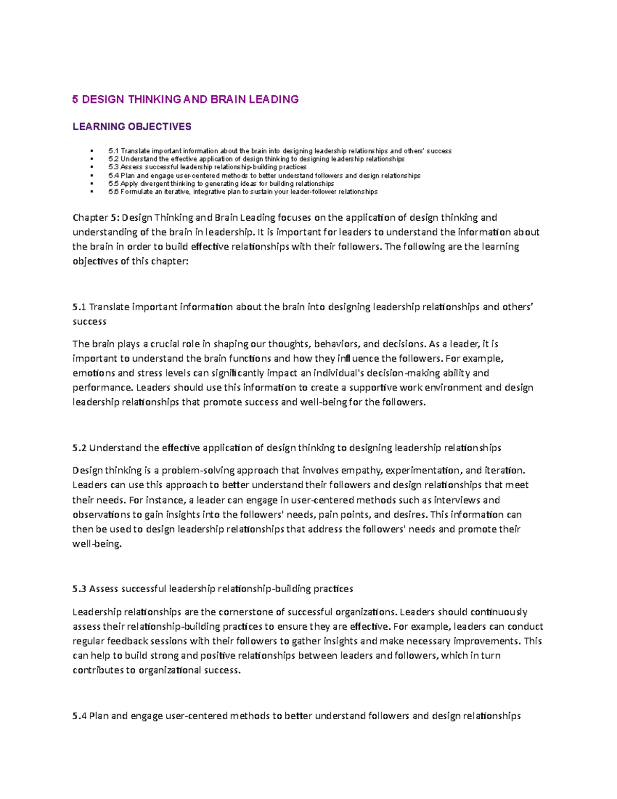 Chapter 5 - 5 DESIGN THINKING AND BRAIN LEADING LEARNING OBJECTIVES 5 Translate important - Studocu