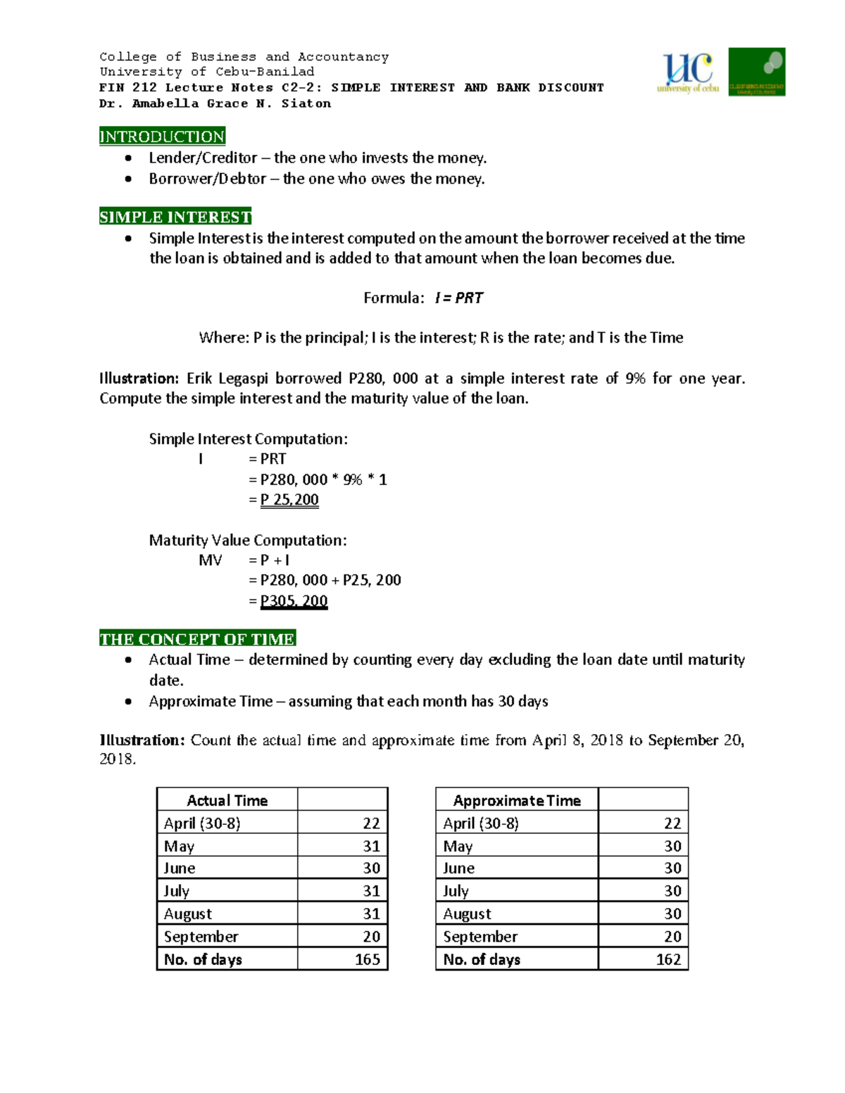 Lecture Notes 2-2 Simple INT AND BANK D - College of Business and ...