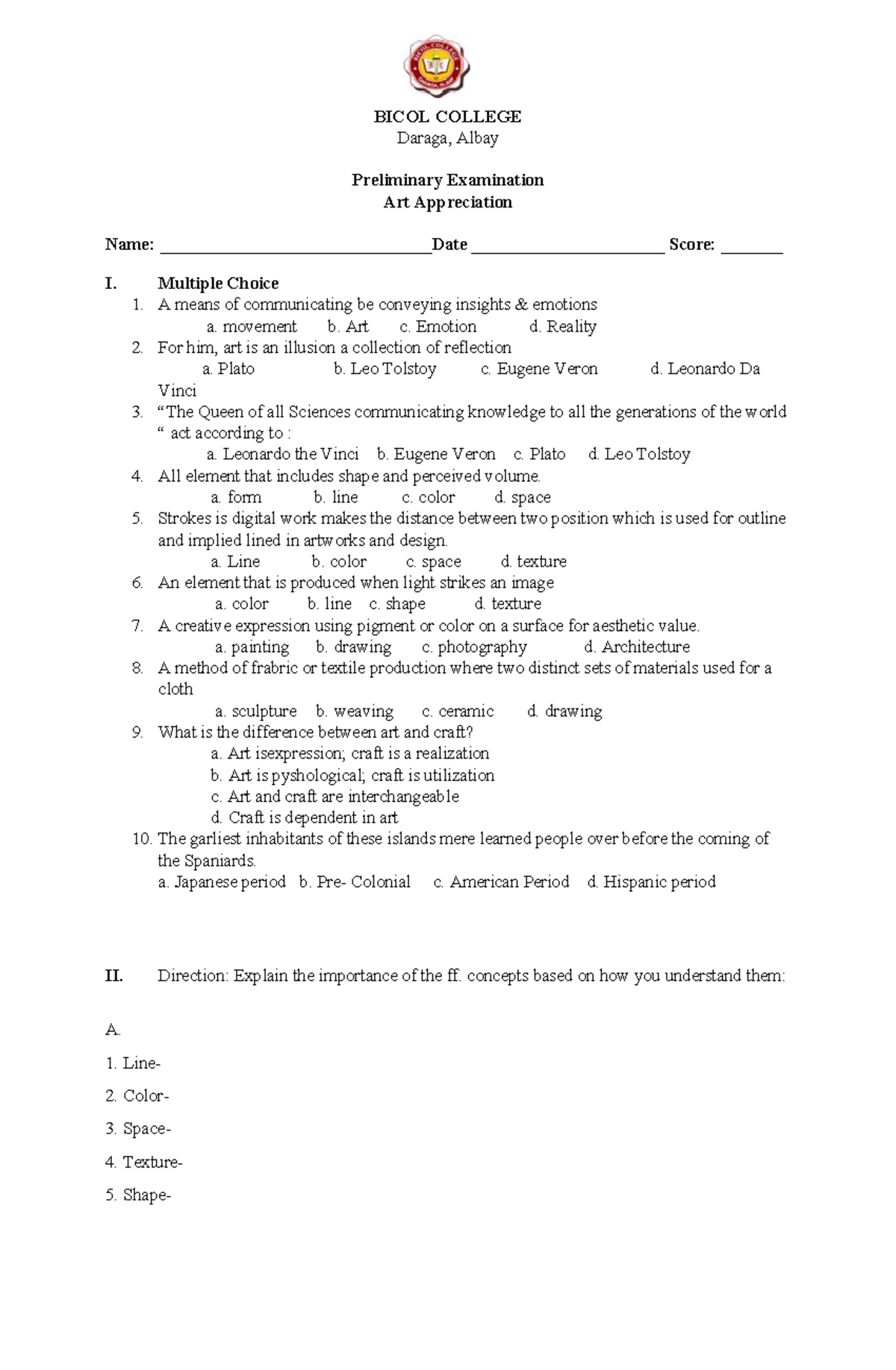 ART Appreciation- EXAM - BICOL COLLEGE Daraga, Albay Preliminary ...