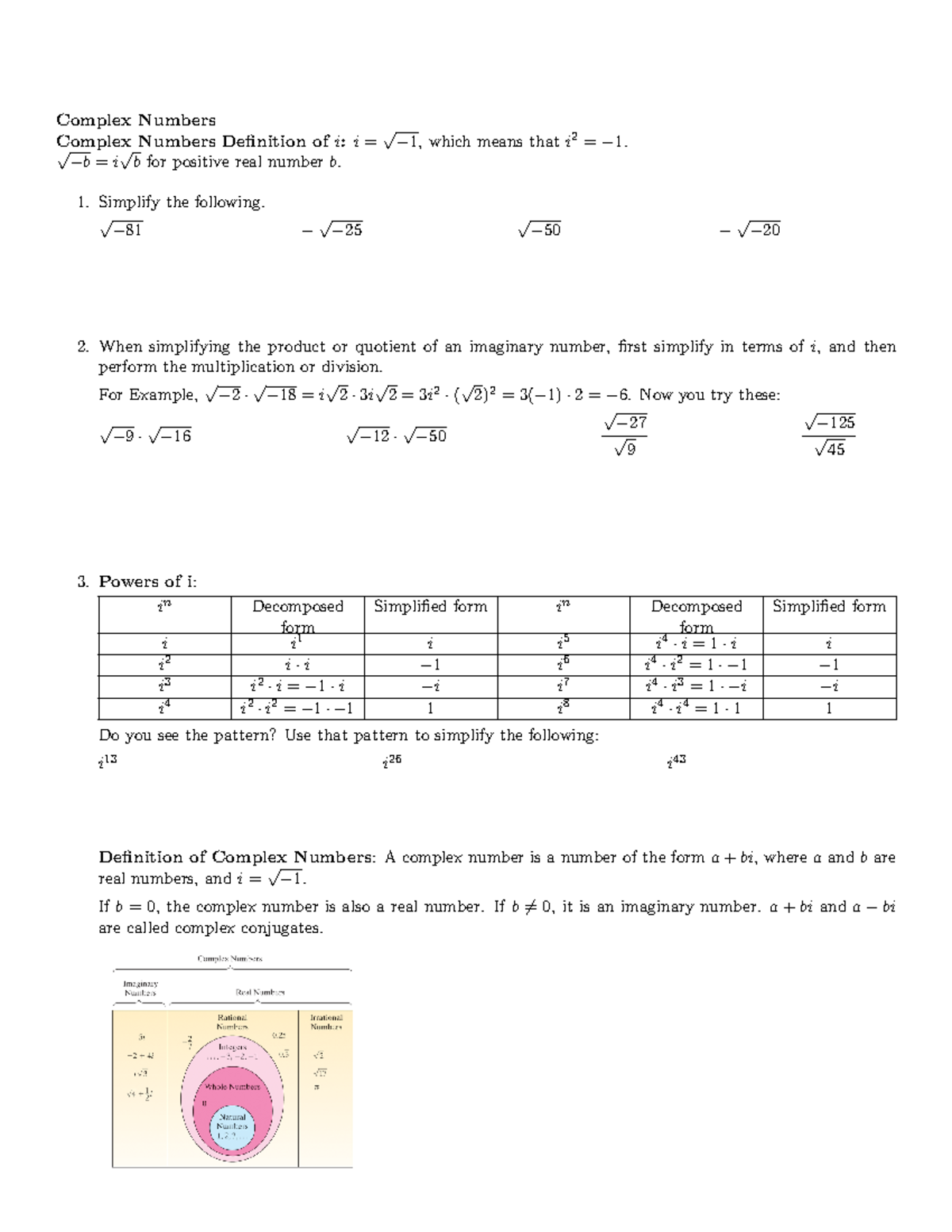 SEW Math worksheet 8.3 - Complex Numbers 2 Complex Numbers Definition ...