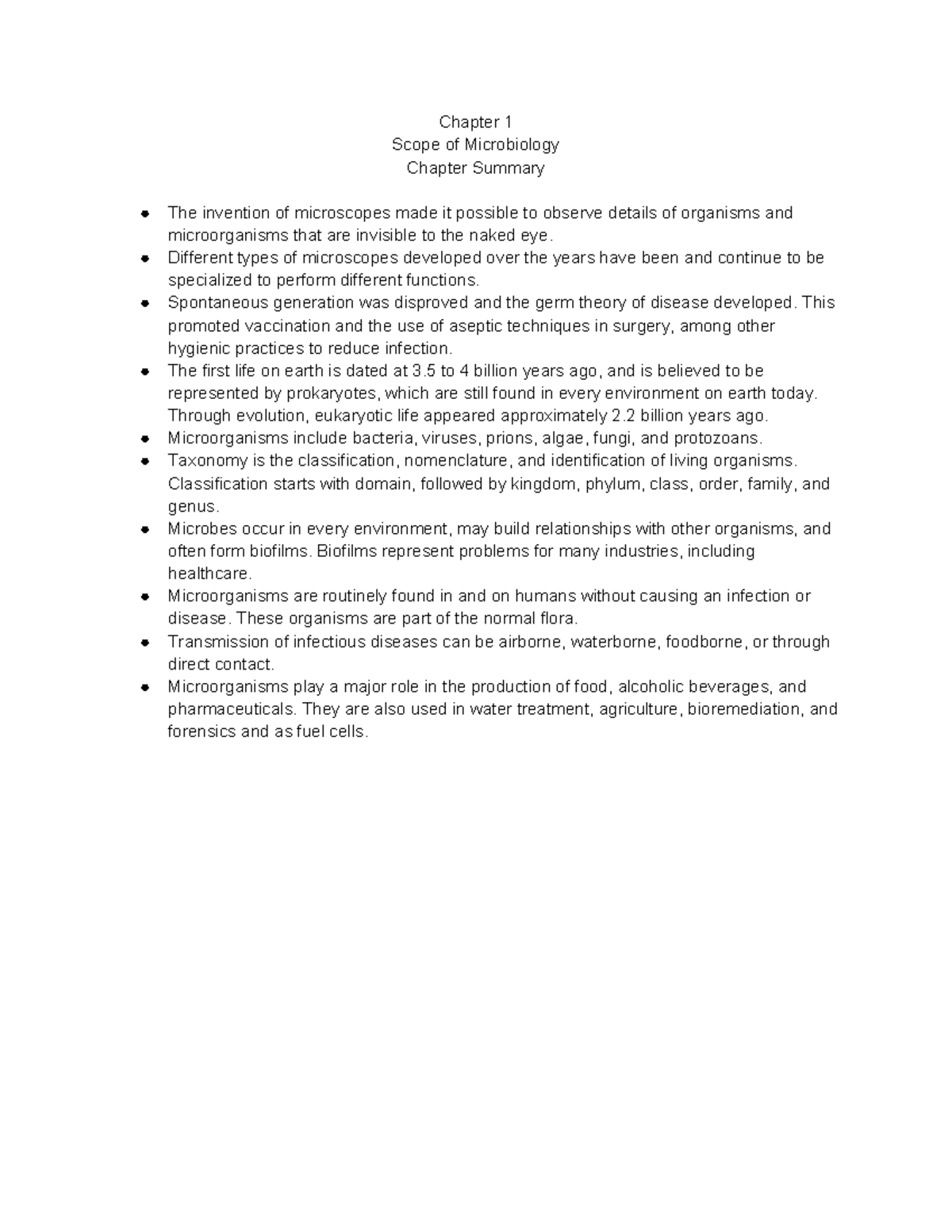 Chapter 1 - Chapter Summary - Chapter 1 Scope of Microbiology Chapter ...