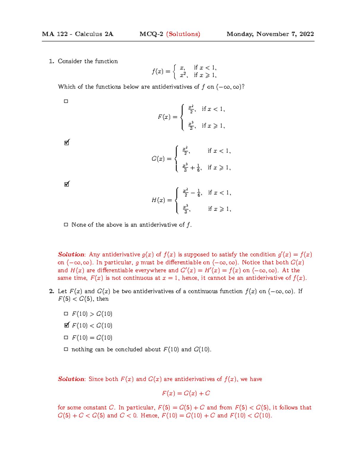 MCQ-2 sol - Professor: Denis Serbin - MA 122 - Calculus 2A MCQ-2 ...