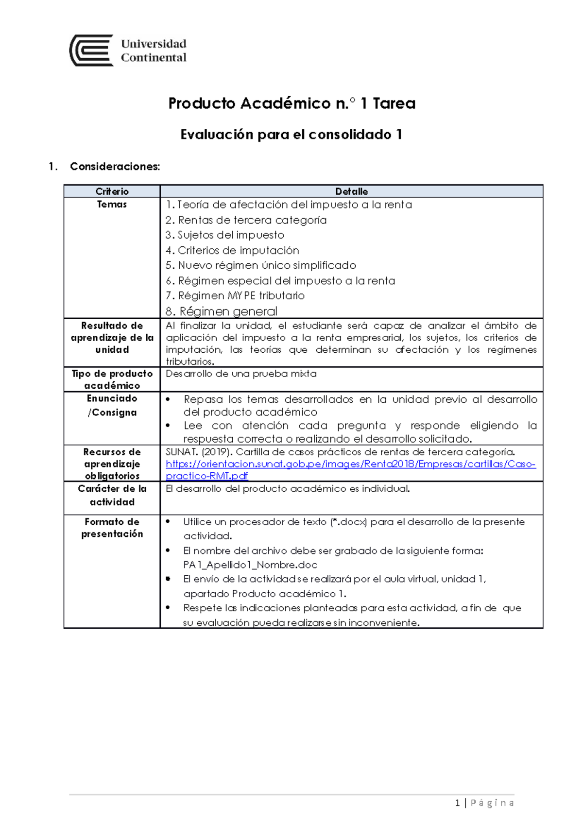 PA01 Renta Empresarial - Producto Académico n.° 1 Tarea Evaluación para el consolidado 1 1 ...