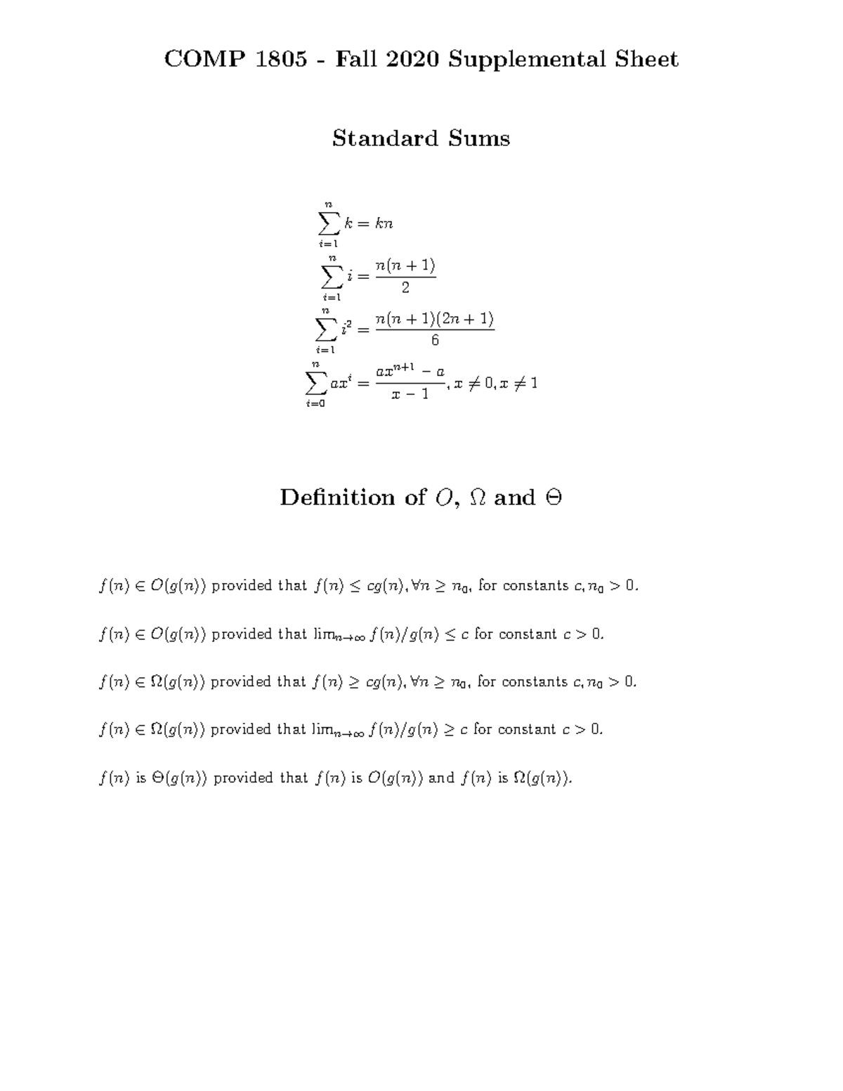 Formula Sheet (Final) - COMP 1805 - Fall 2020 Supplemental Sheet ...