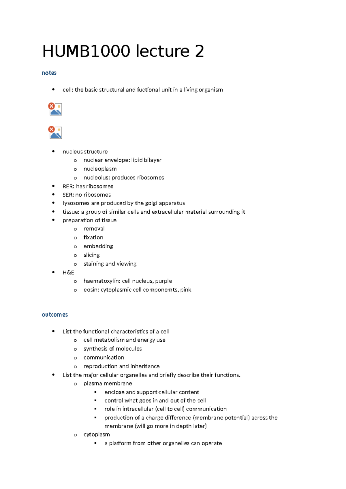 HUMB1000 Lecture 2 - HUMB1000 lecture 2 notes cell: the basic ...
