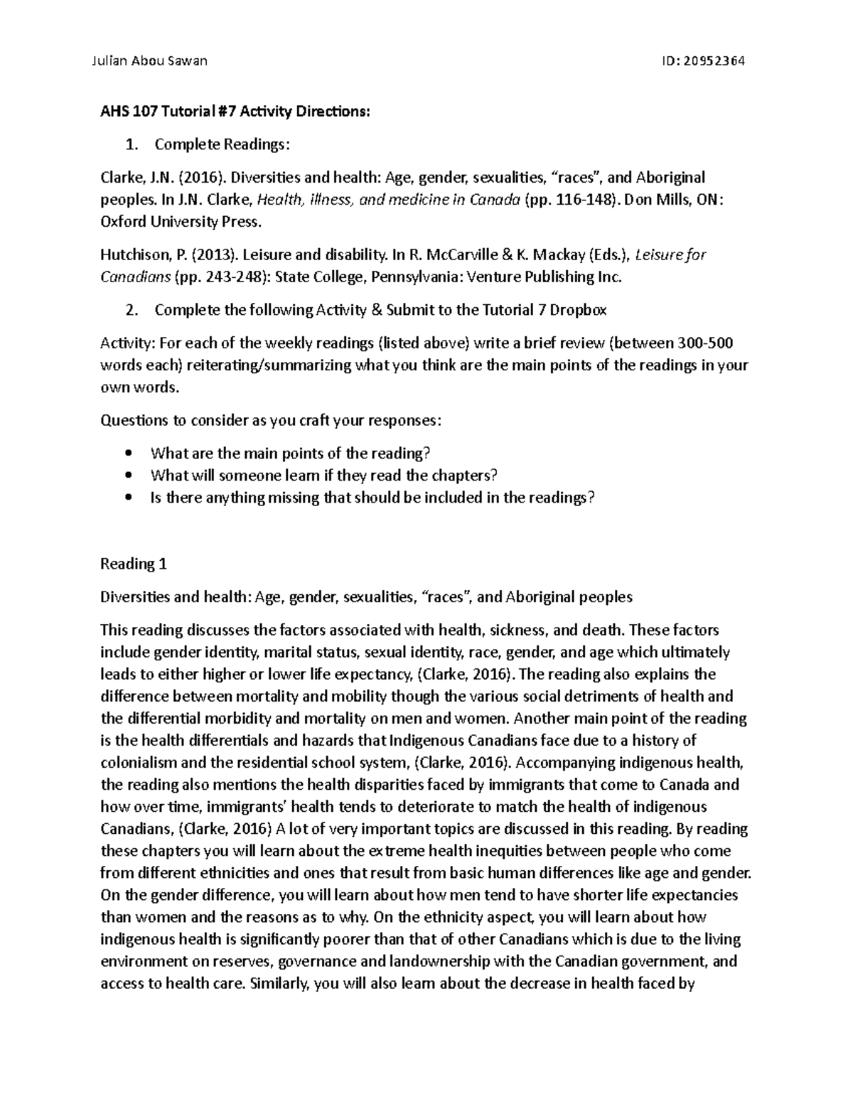 Tutorial 7 AHS 107 fall 2021 - Julian Abou Sawan ID: 20952364 AHS 107 ...