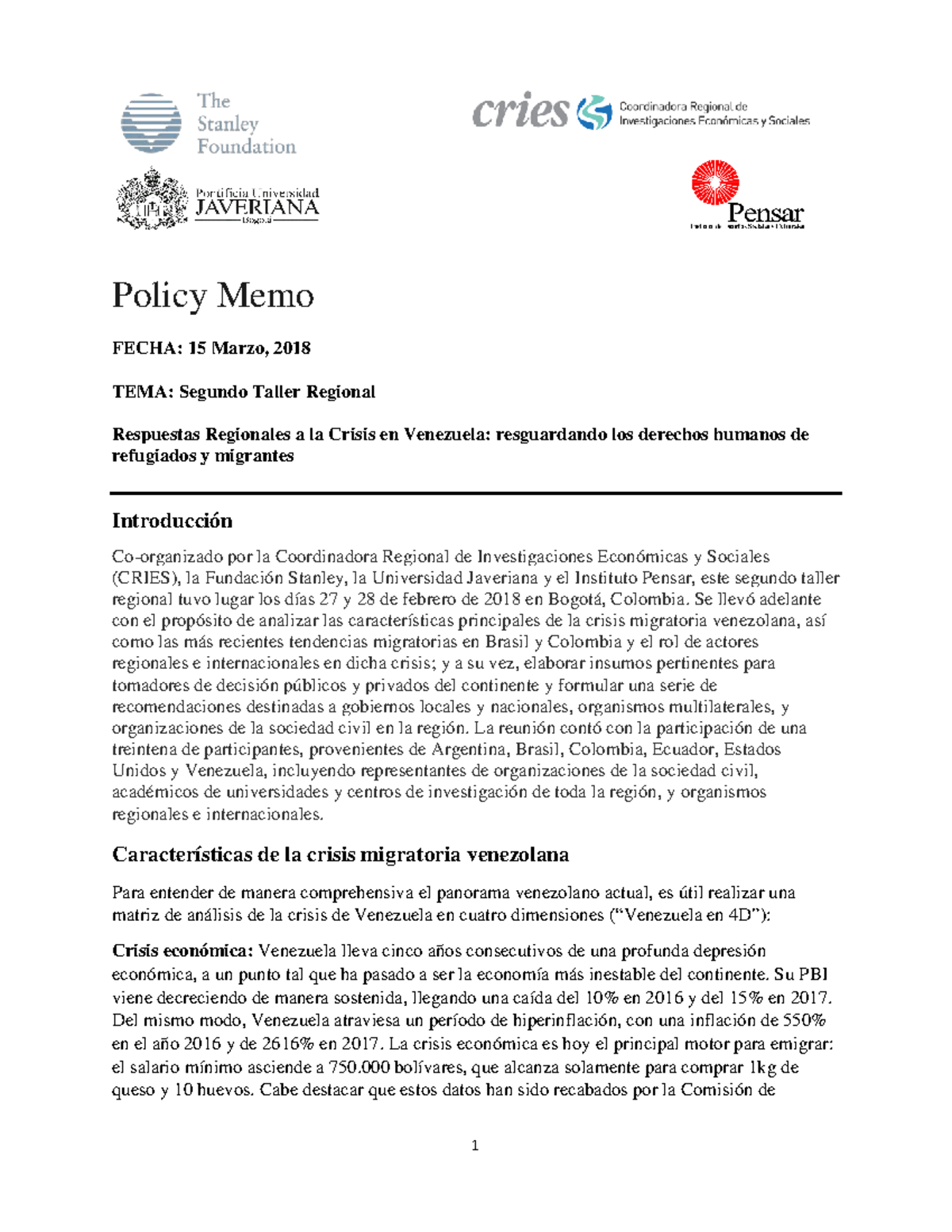 Segundo Taller PM318 - hhh - Policy Memo FECHA: 15 Marzo, 2018 TEMA ...