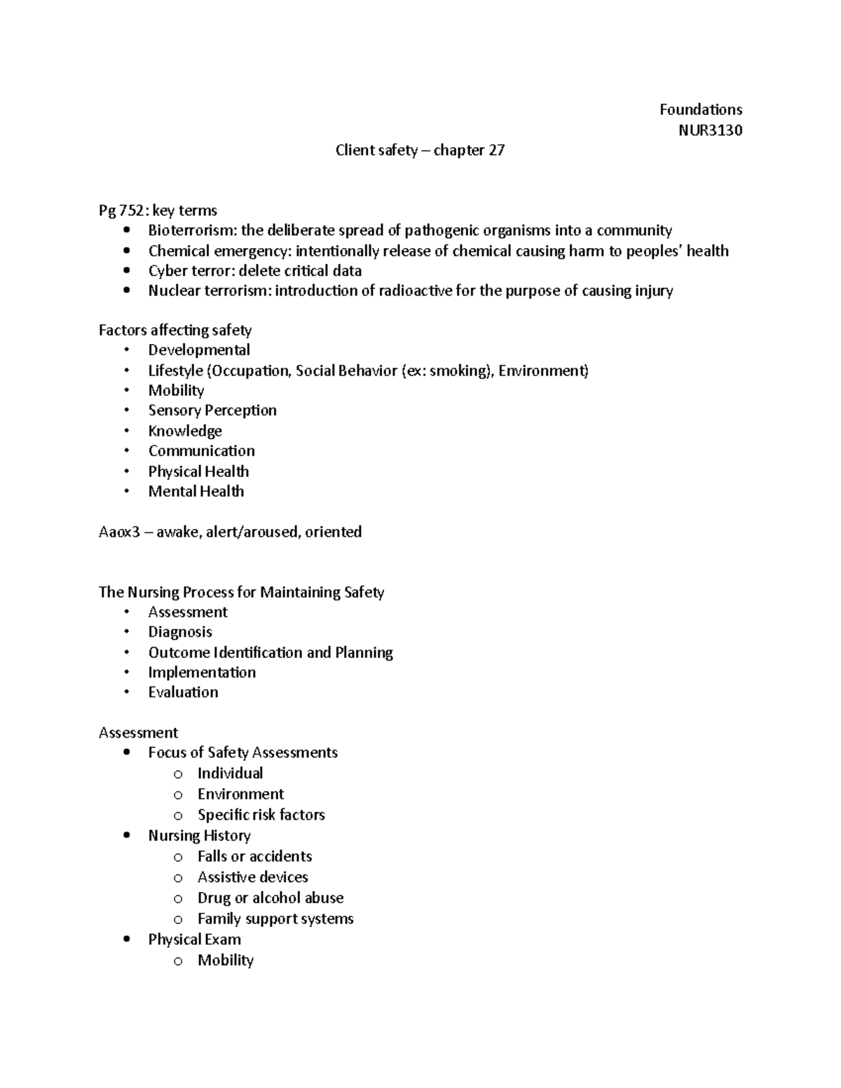 Foundations - wk 4 - Client safety – chpt 27 - Foundations NUR Client ...