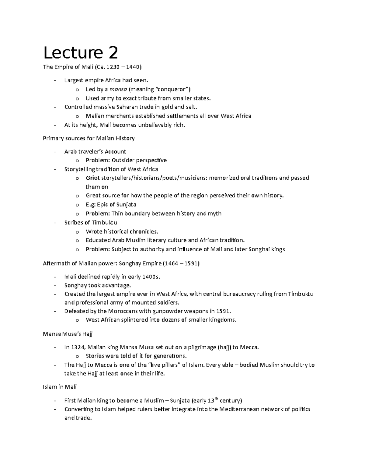 Lecture 2 - Lecture 2 The Empire of Mali (Ca. 1230 – 1440) Largest ...
