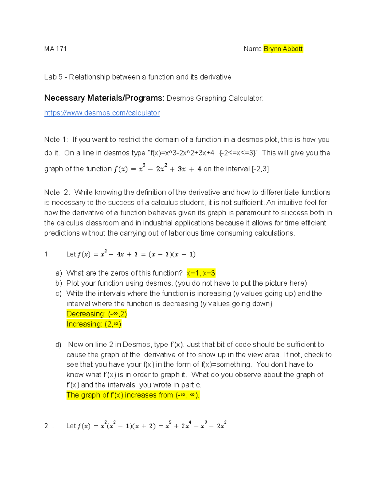 Lab - Relationship between Function and its Derivative - MA 171 Name ...