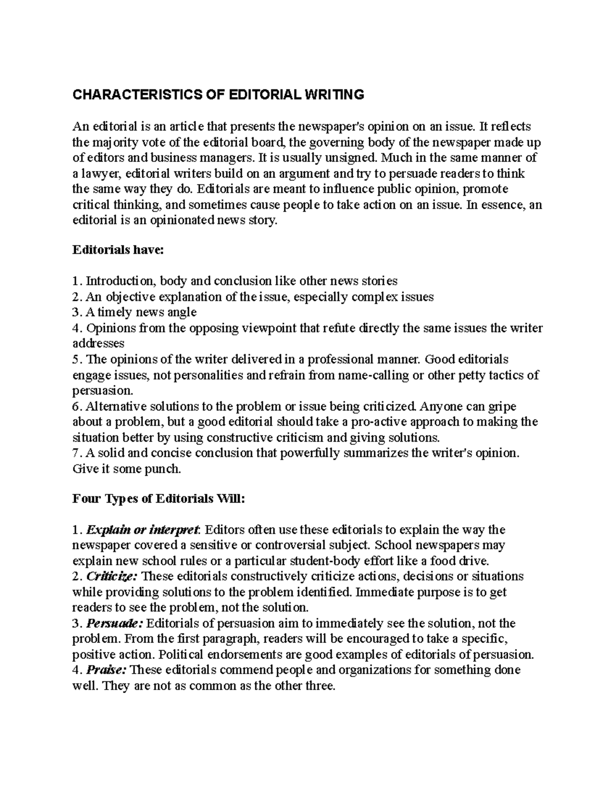 Characteristics OF Editorial Writing - CHARACTERISTICS OF EDITORIAL ...