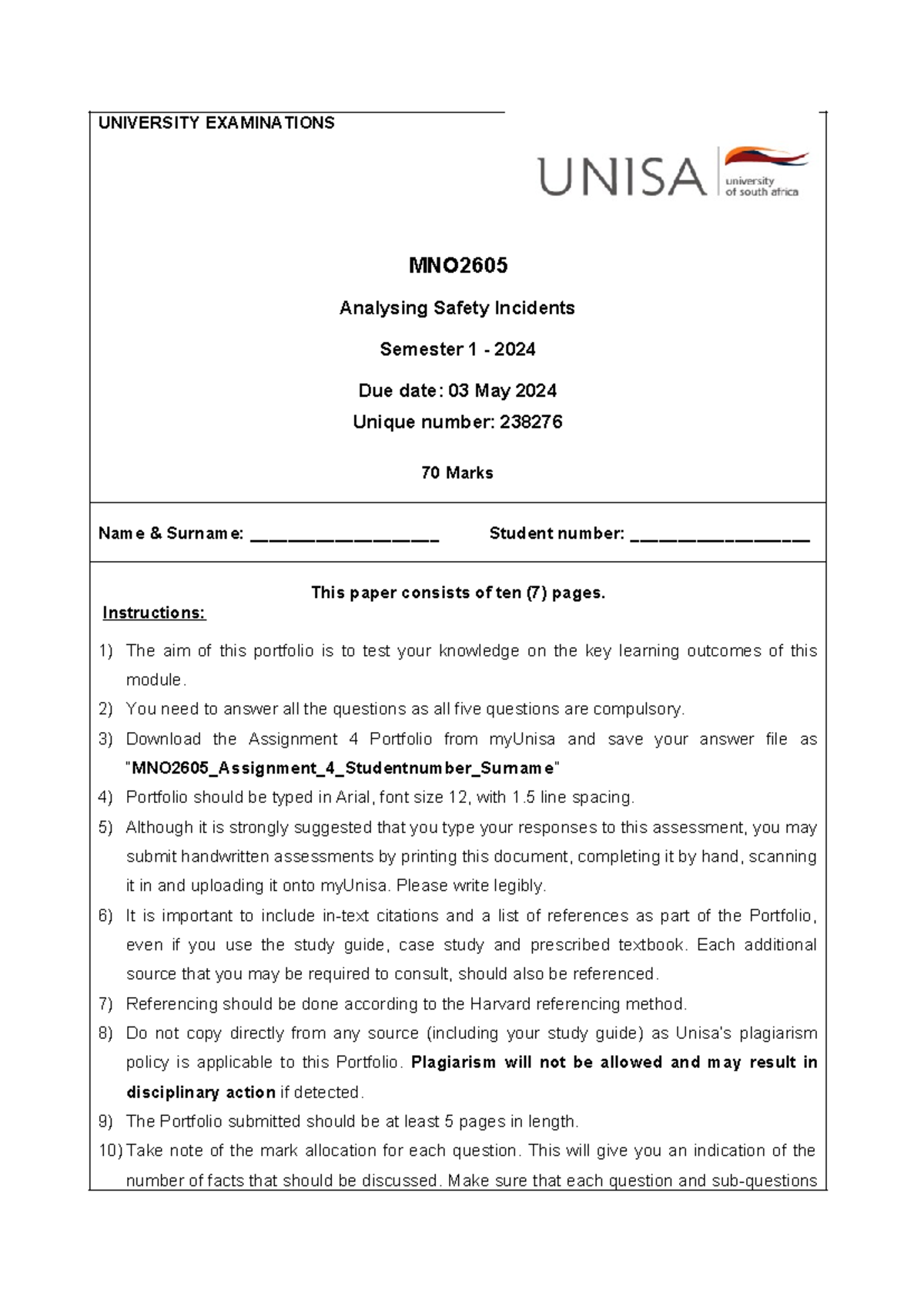 MNO2605 Semester 1 2024 Assessment 4 Portfolioq 24 - UNIVERSITY ...