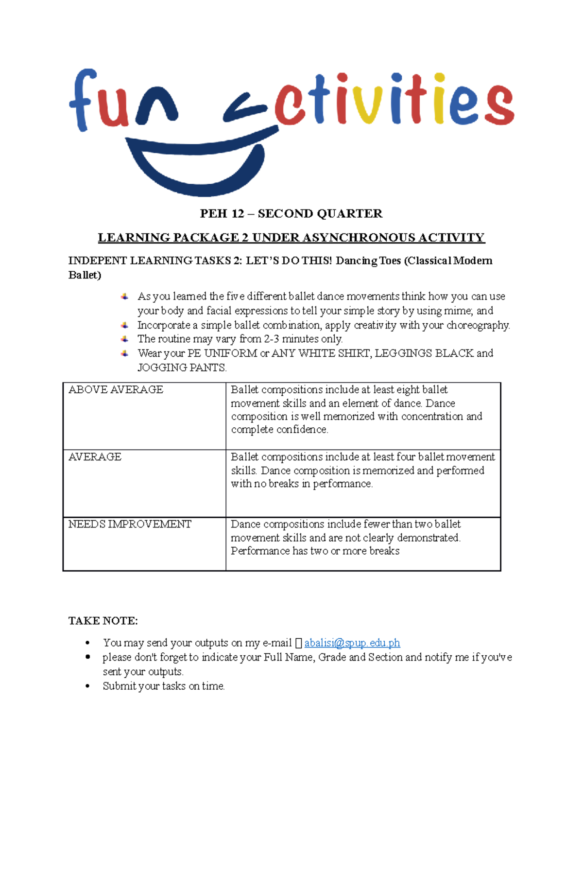 Indepedent Learning Tasks 2 - PEH 12 – SECOND QUARTER LEARNING PACKAGE ...