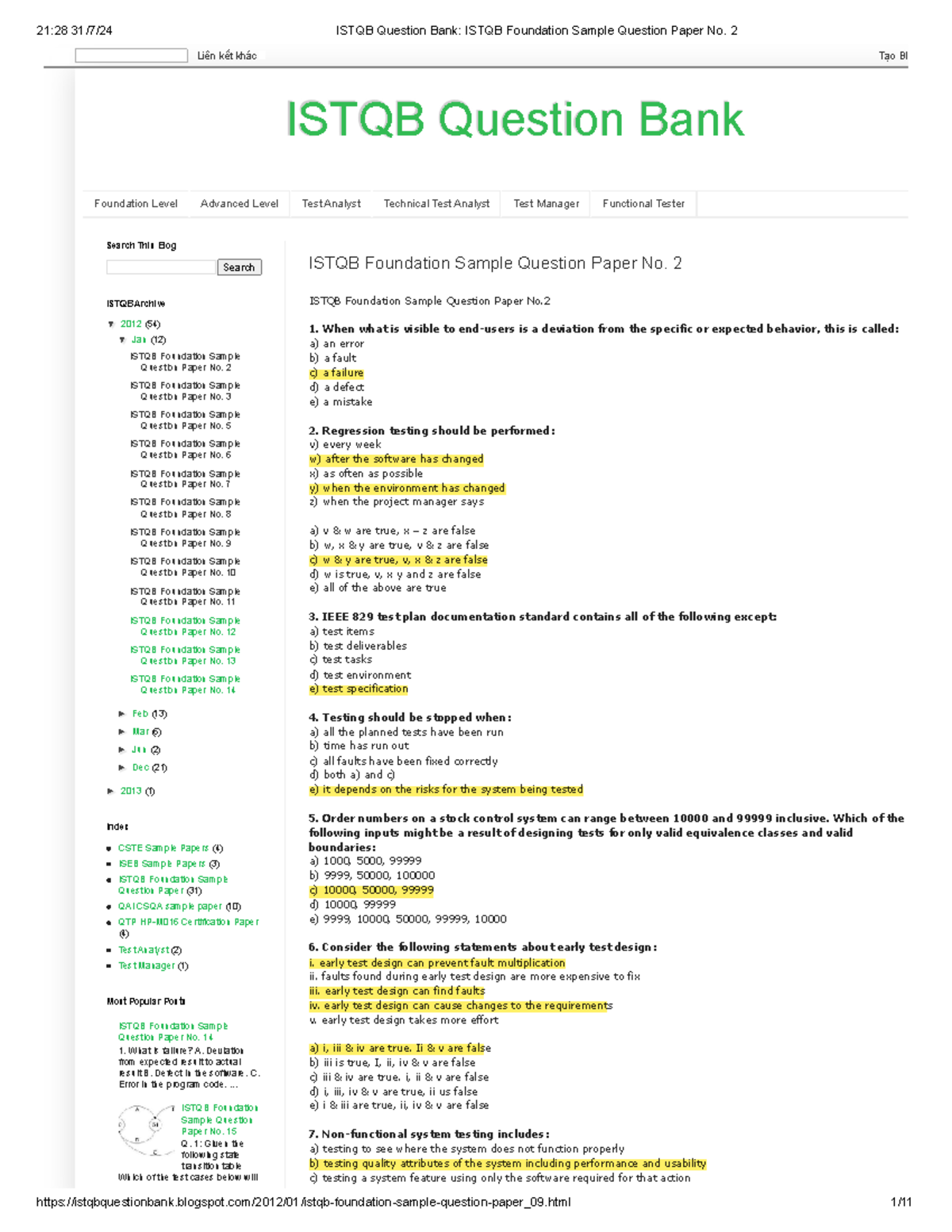 Istqb Question Bank Istqb Foundation Sample Question Paper No. 2 ...