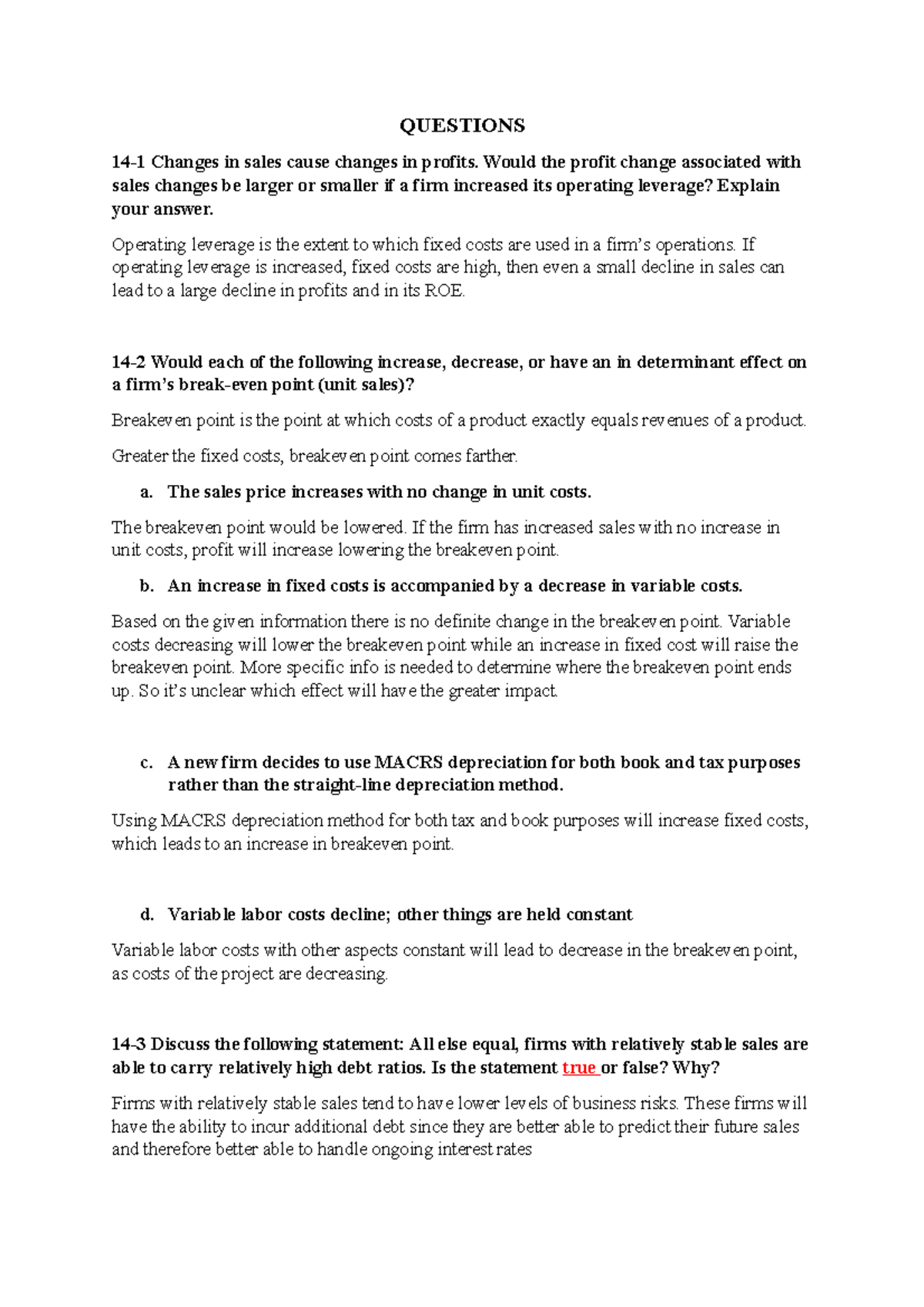 Questions CHAP # 14 - QUESTIONS 14-1 Changes in sales cause changes in ...