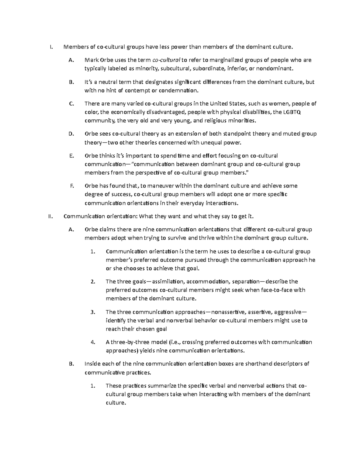 Co-Cultural - Notes - I. II. Members of groups have less power than ...