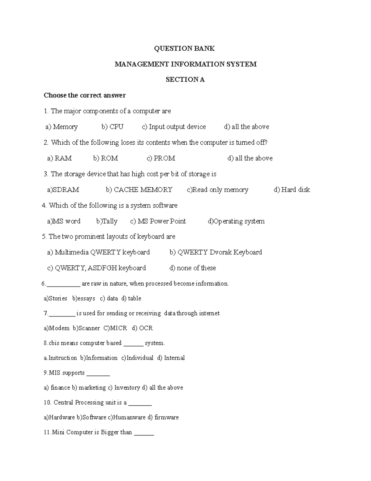 Mis question bank - QUESTION BANK MANAGEMENT INFORMATION SYSTEM SECTION ...