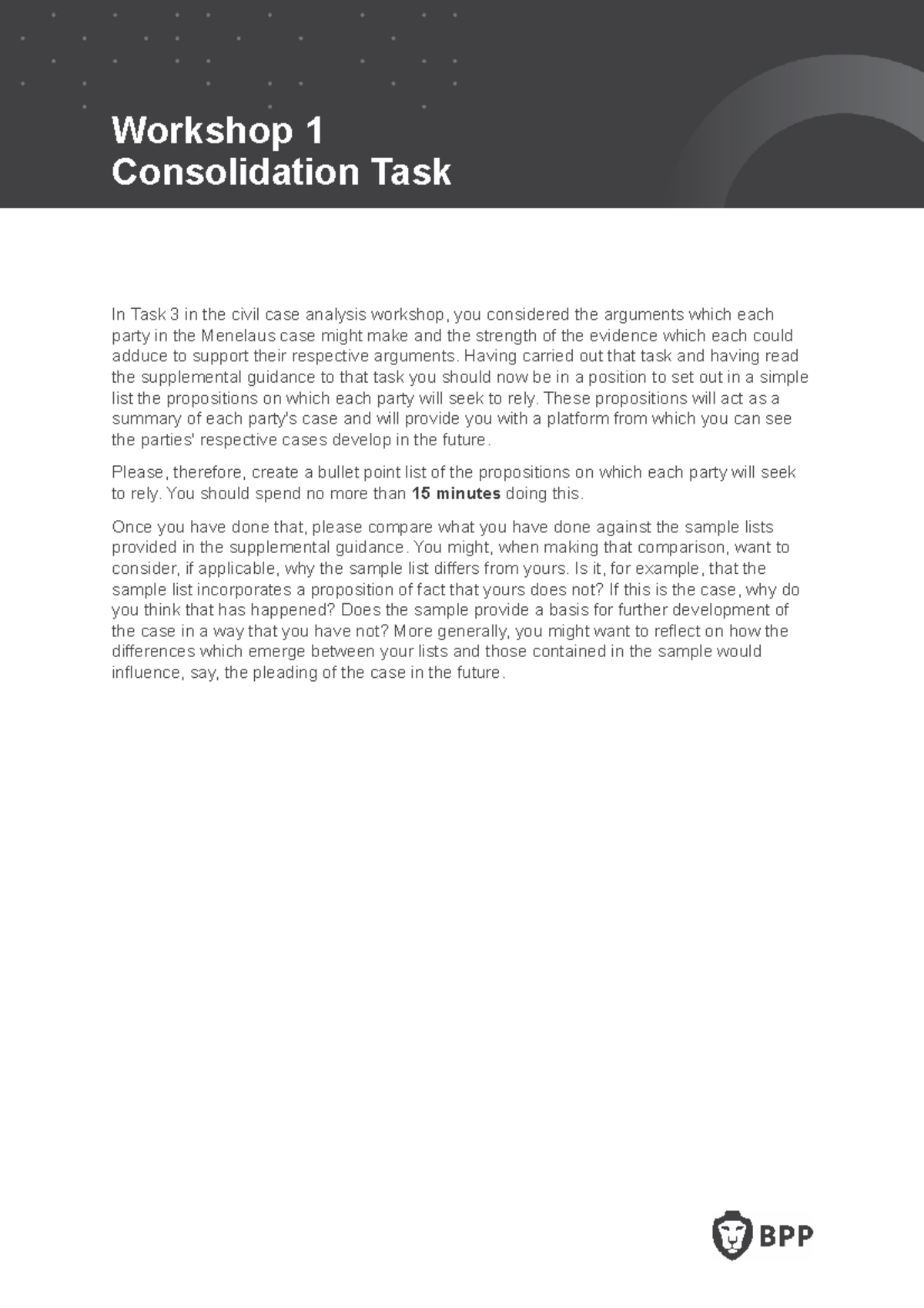 BTC1 Civil WS1 Consolidate Task - Workshop 1 Consolidation Task In Task 3 in the civil case ...