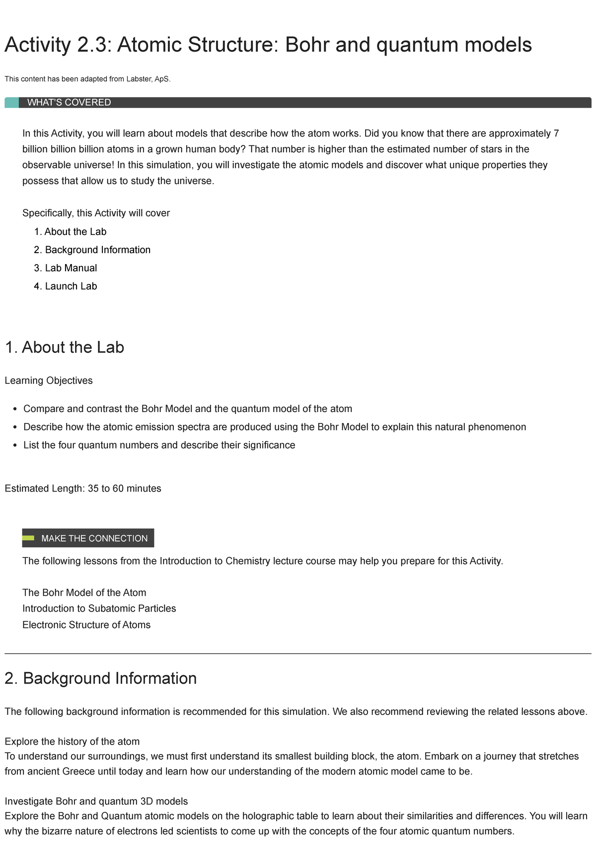 Introduction to Chemistry Lab - Activity 2.3 Atomic Structure Bohr and ...
