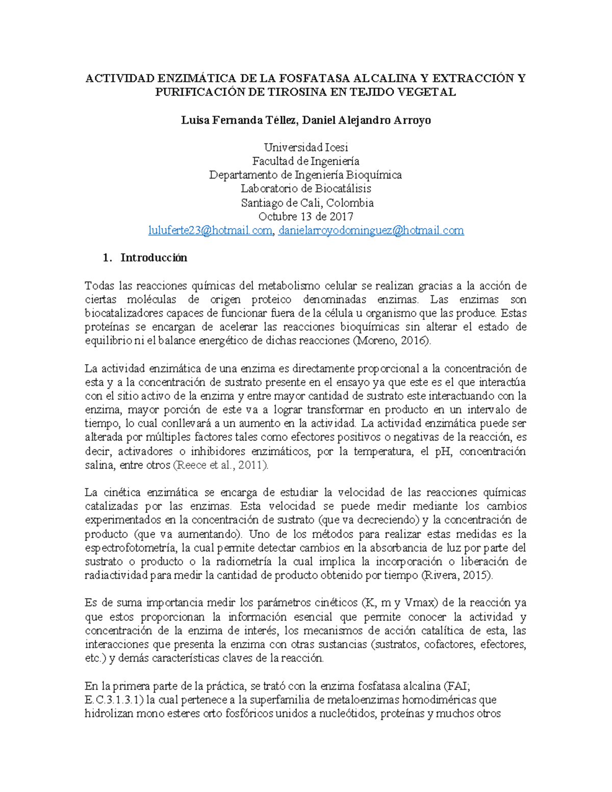 Informe 2. Biocatalisis - ACTIVIDAD ENZIMÁTICA DE LA FOSFATASA ALCALINA ...