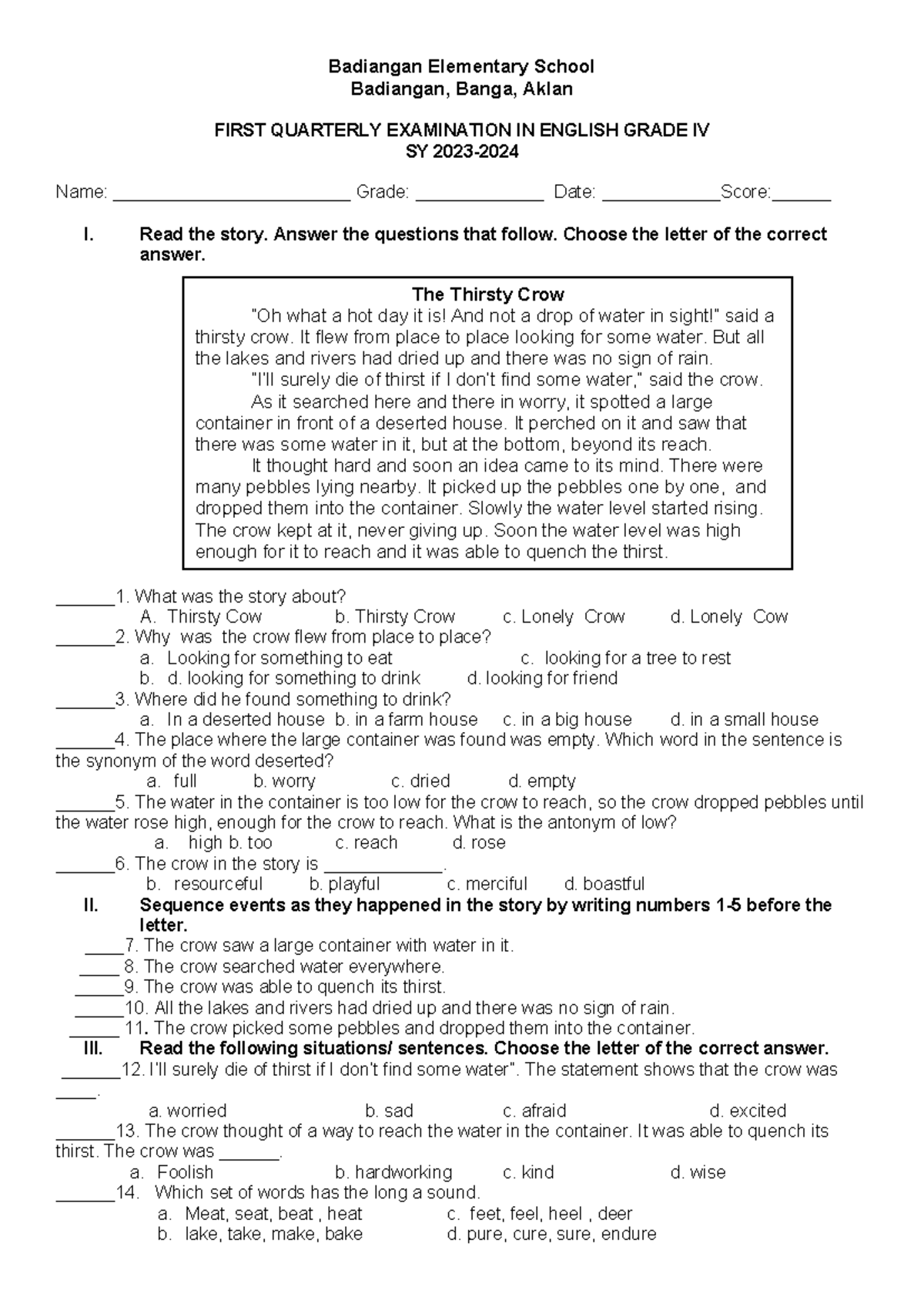 Q1 English 4 - Badiangan Elementary School Badiangan, Banga, Aklan ...