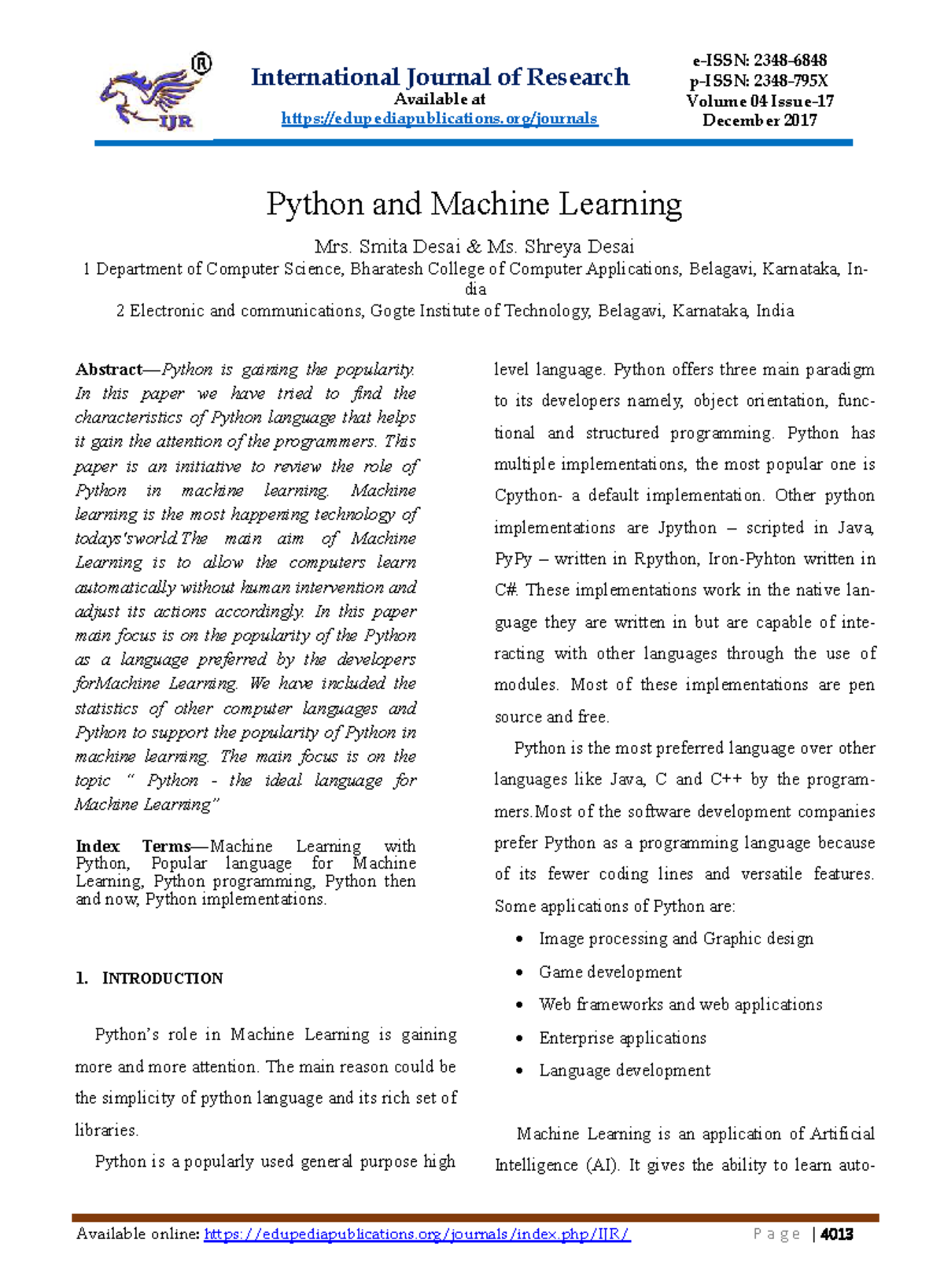 Python and Machine Learning - International Journal of Research Available at - Studocu