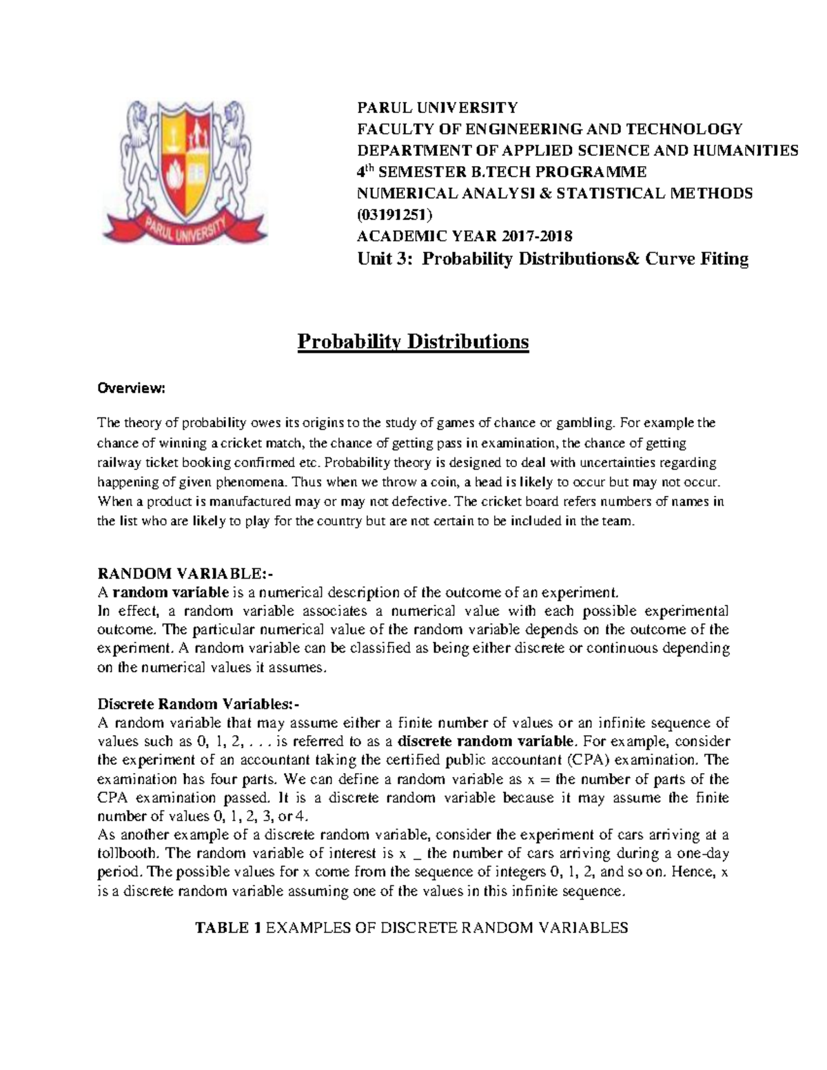H, C Unit 3 (1) Probability distribution - PARUL UNIVERSITY FACULTY OF ...