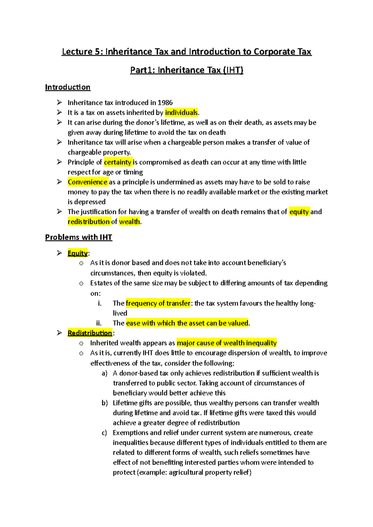 inheritance tax and introduction to corporate tax - Lecture 5 ...