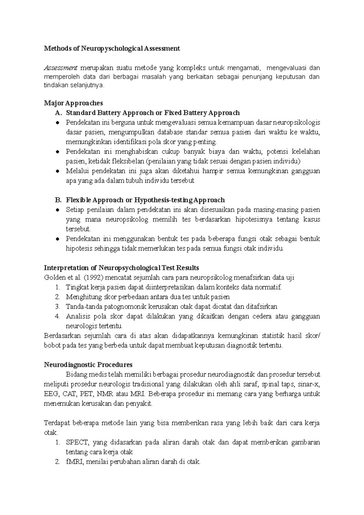 4. Methods of Neuropsychological Assesment(major approaches, interpretation, neuro procedures ...