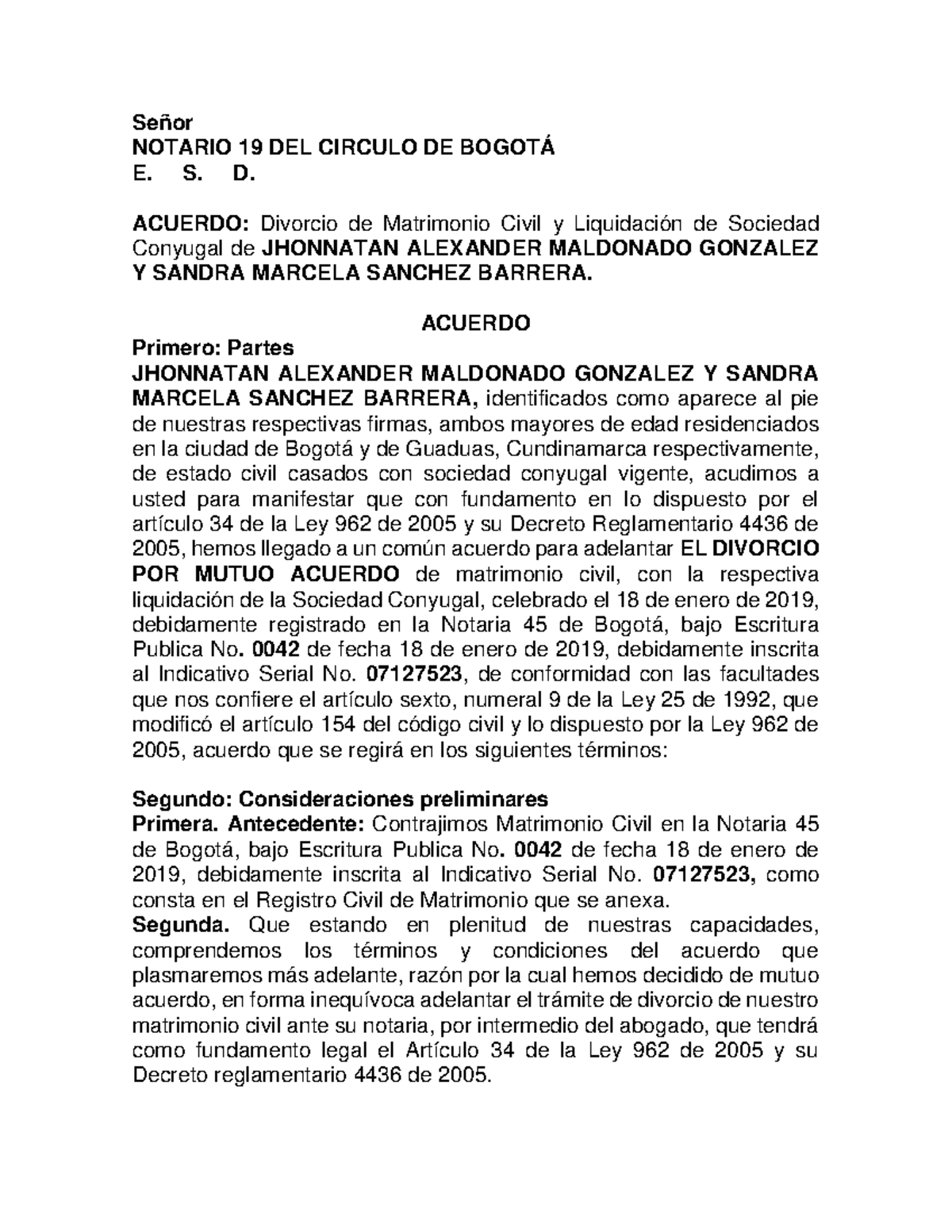 Acuerdo Divorcio Sandra Marcela Sanchez PDF - Señor NOTARIO 19 DEL CIRCULO DE BOGOTÁ E. S. D ...