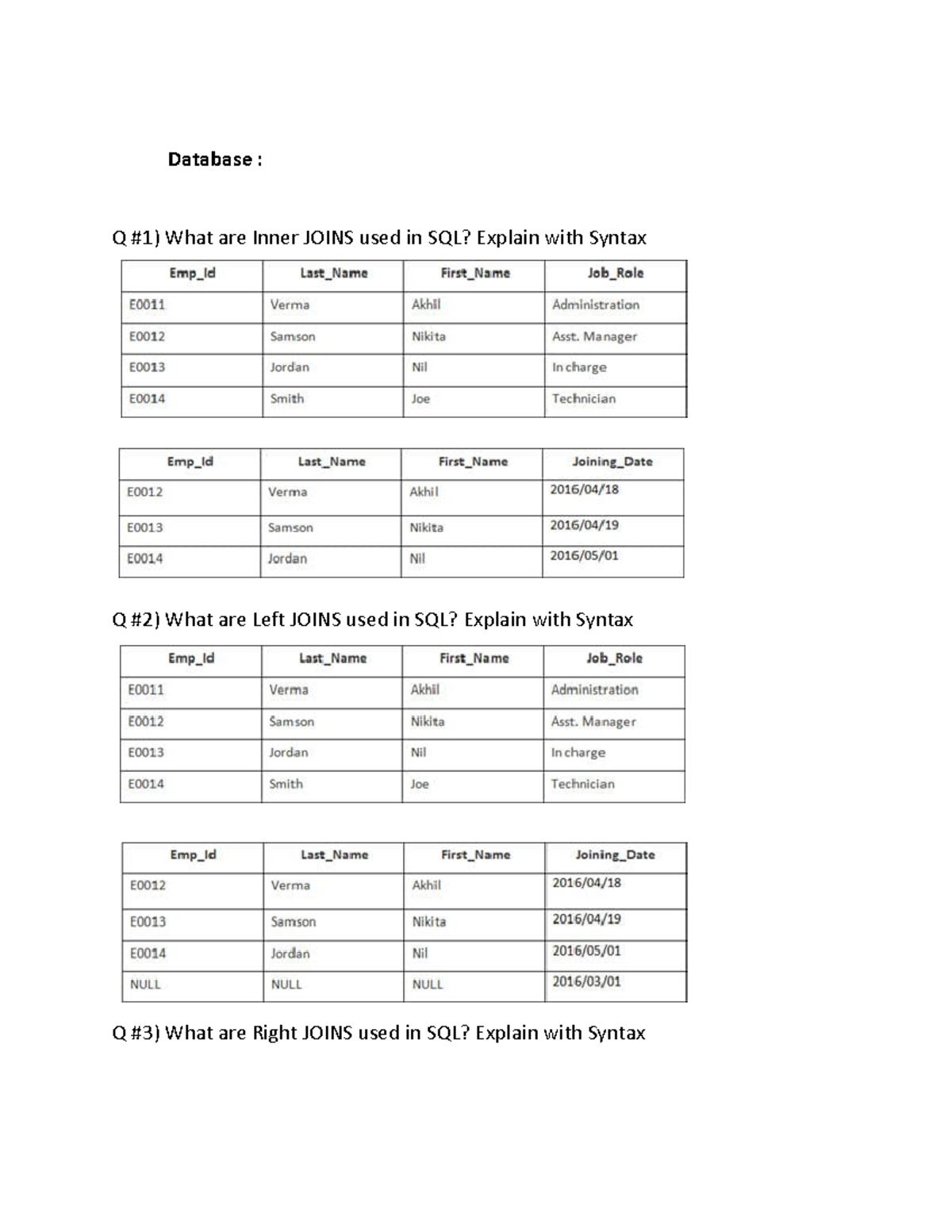 Data Base Assignments - notes - Database : Q #1) What are Inner JOINS ...