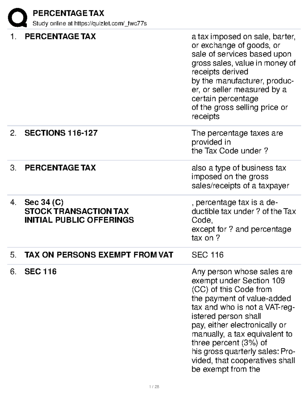 Percentage TAX - Study online at quizlet/_fwc77s PERCENTAGE TAX a tax ...