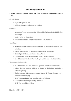 Introduction to Tourism review questions - REVIEW WEEK 8 definition of ...