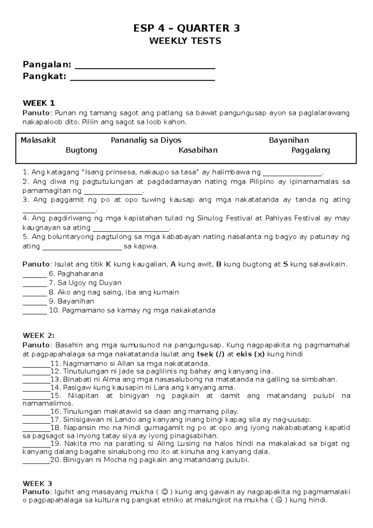 3RD-QTR WT ESP4 - sample test - ESP 4 – QUARTER 3 WEEKLY TESTS Pangalan ...