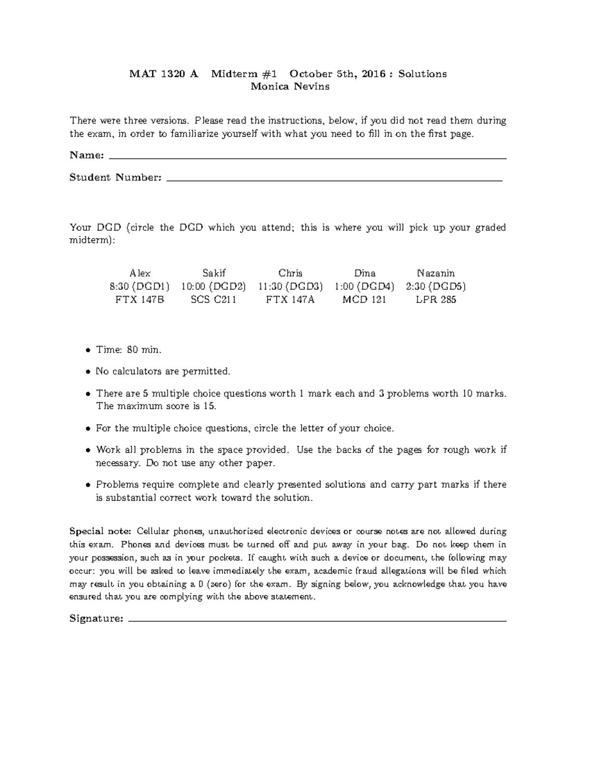 Midterm 2016, questions and answers - MAT 1320 A Midterm October 5th, 2016 : Solutions Monica ...