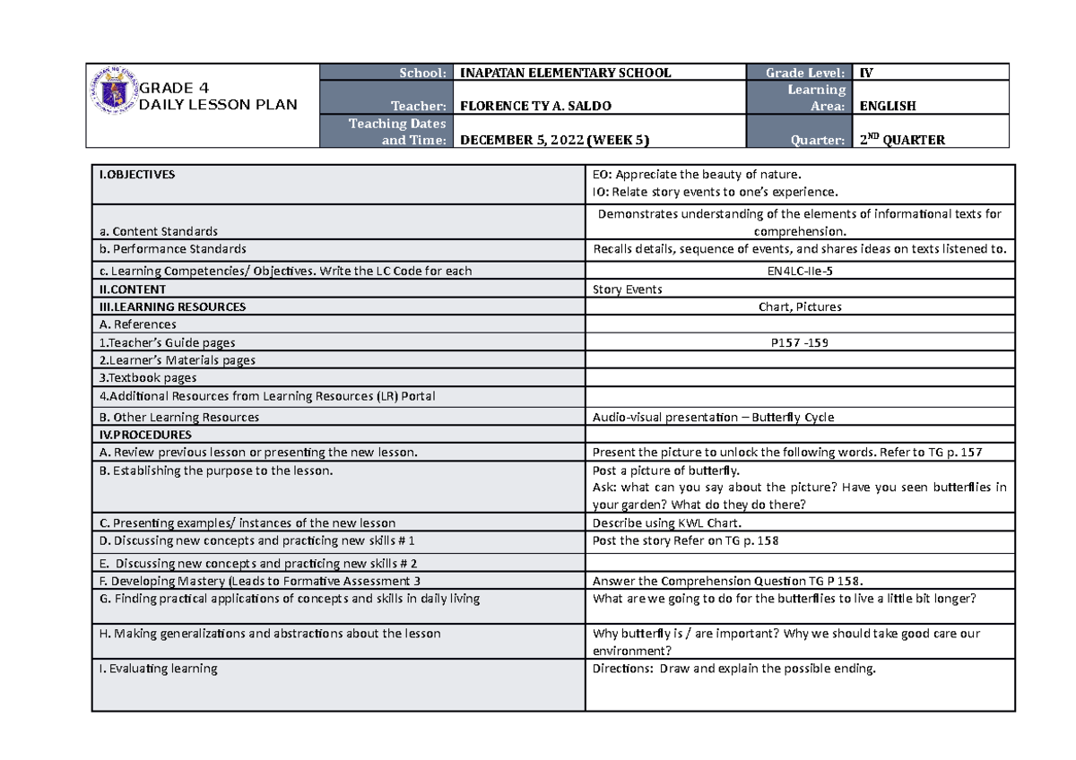 ENG1 - lesson plan - GRADE 4 DAILY LESSON PLAN School: INAPATAN ...