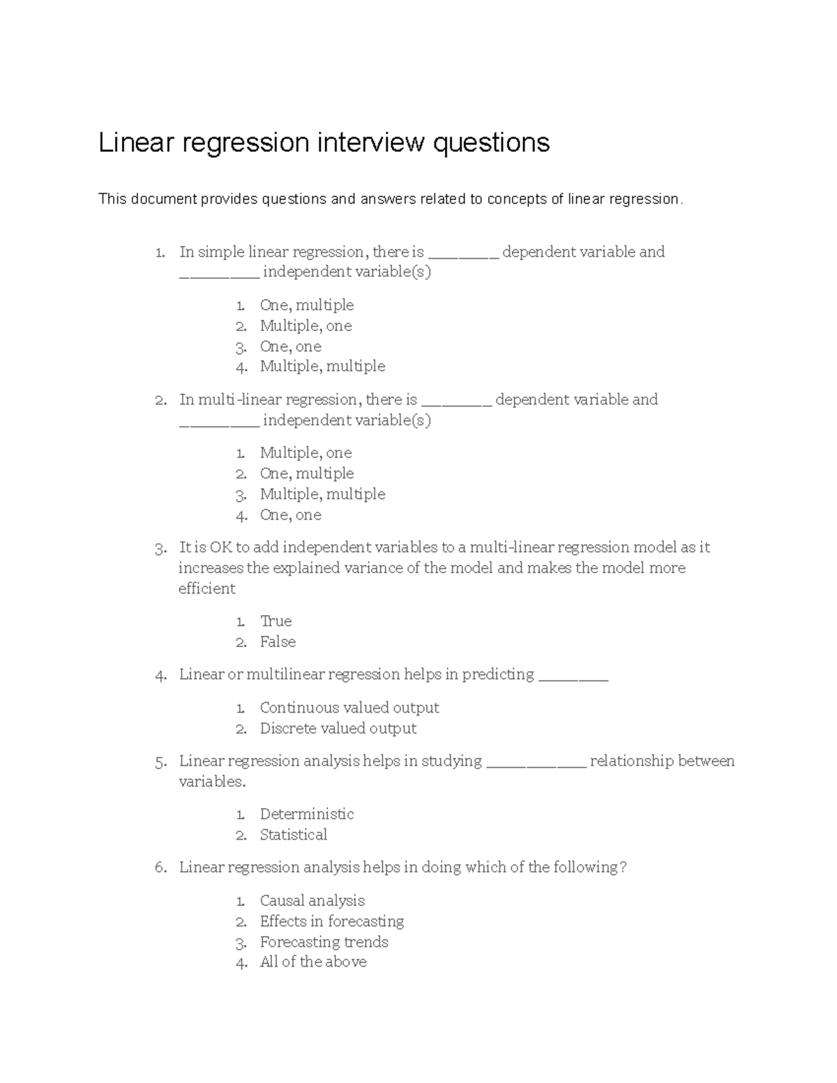 Linear Regression Interview Questions Answers Linear Regression