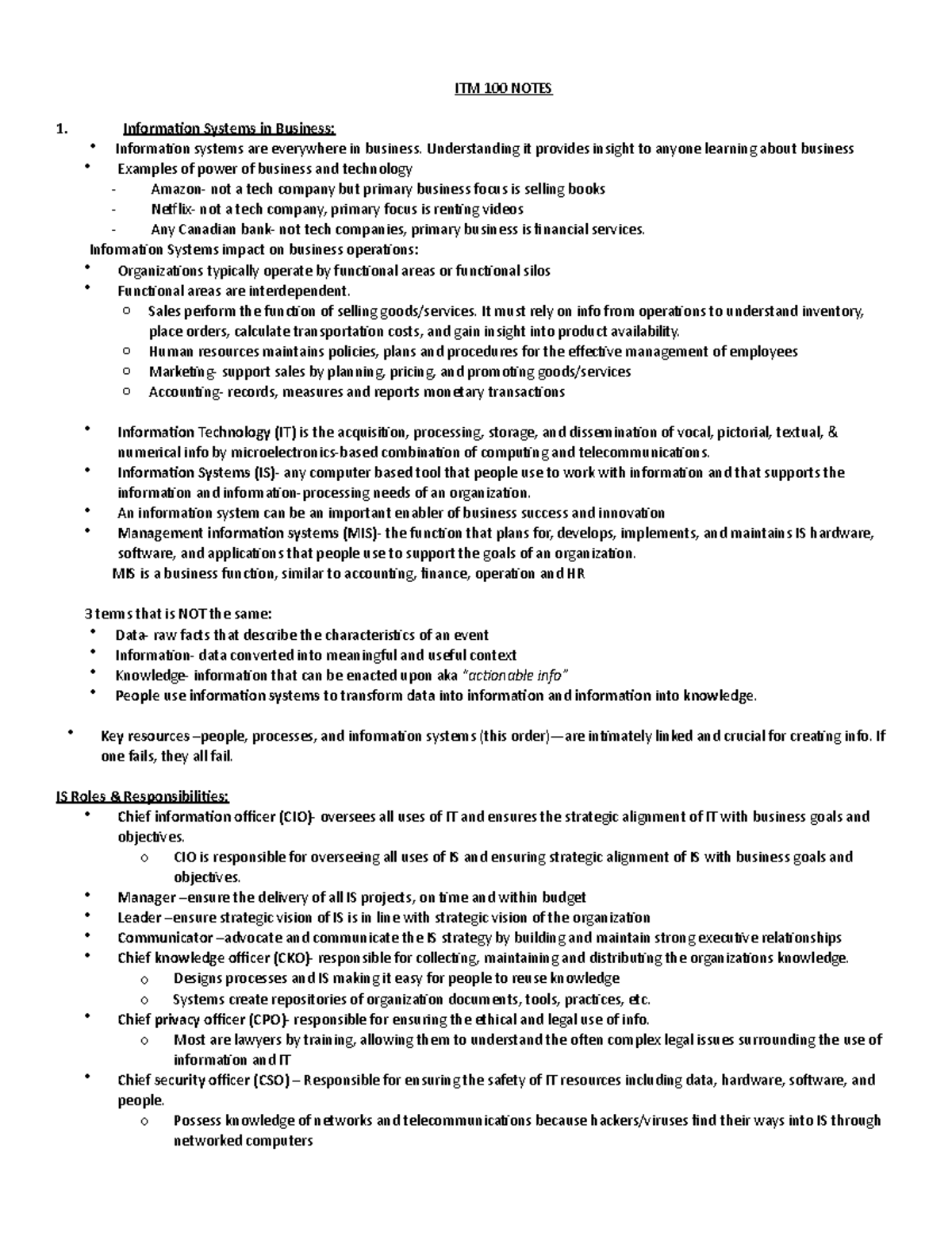 Summary Foundations of Information Systems: Lecture(s) 1-12 - ITM 100 ...