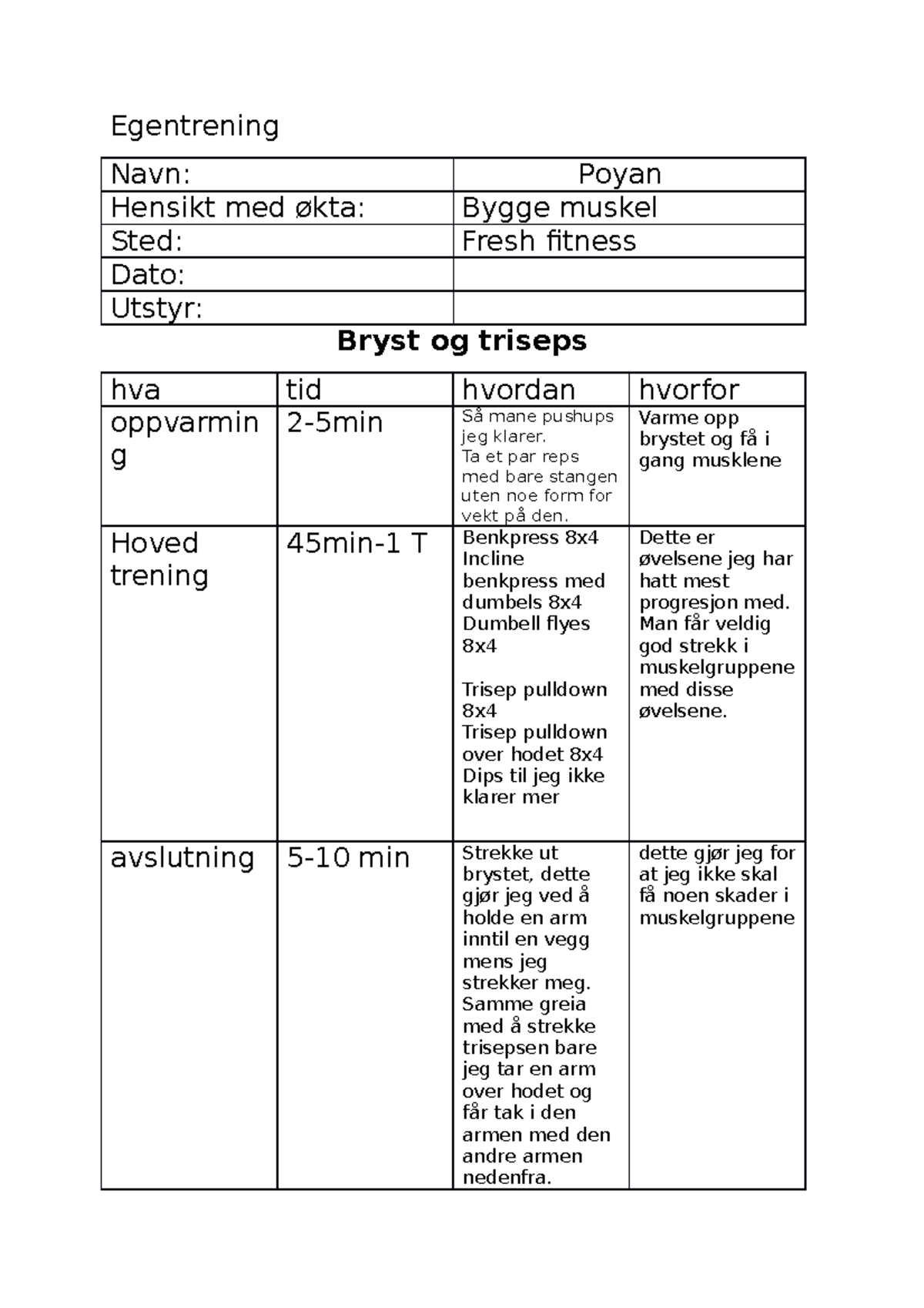 Egentrening - Egentrening Navn: Poyan Hensikt med økta: Bygge muskel ...